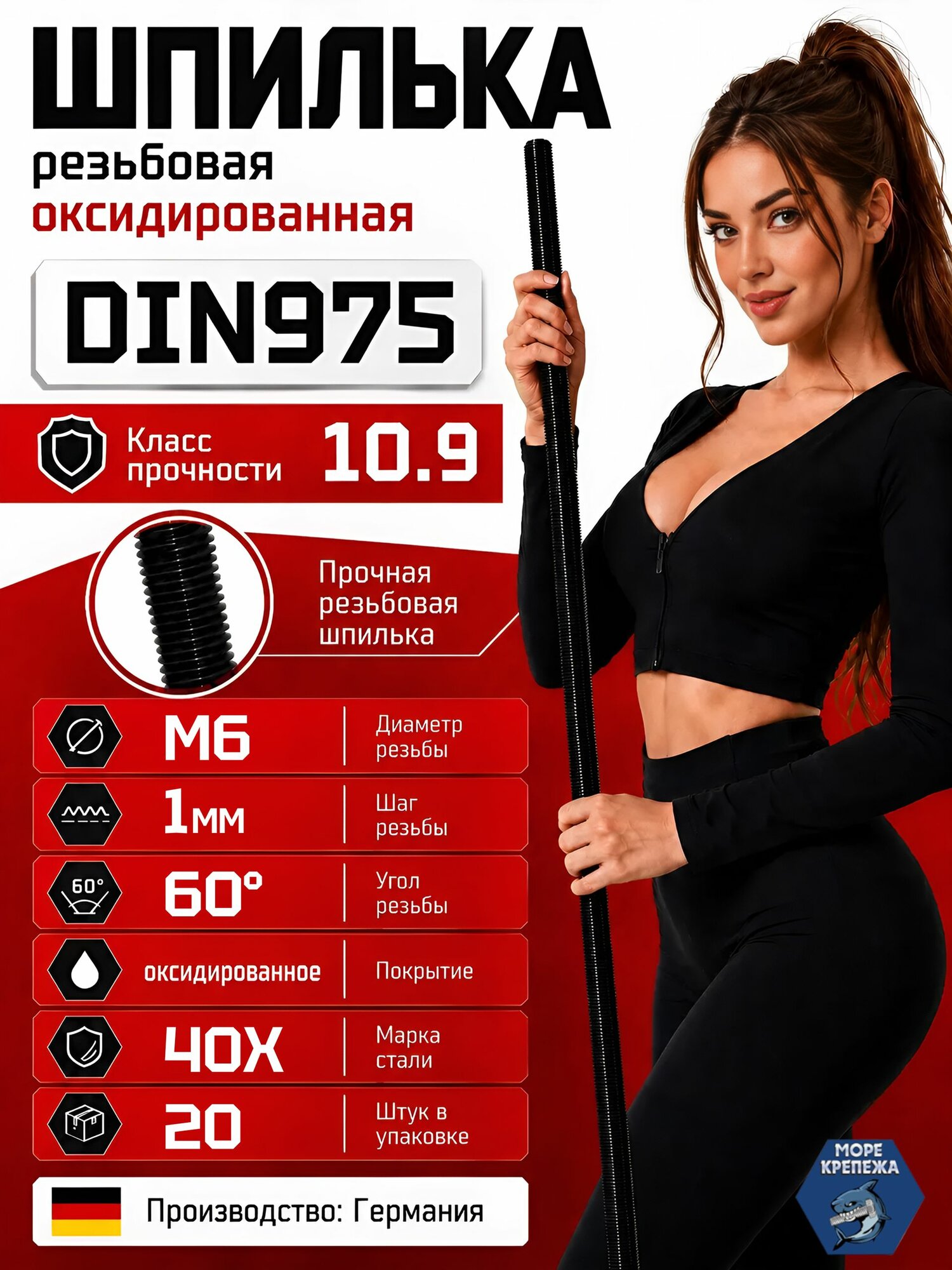 Шпилька высокопрочная резьбовая М6х1000 DIN975 класс прочности 10.9, 20 шт