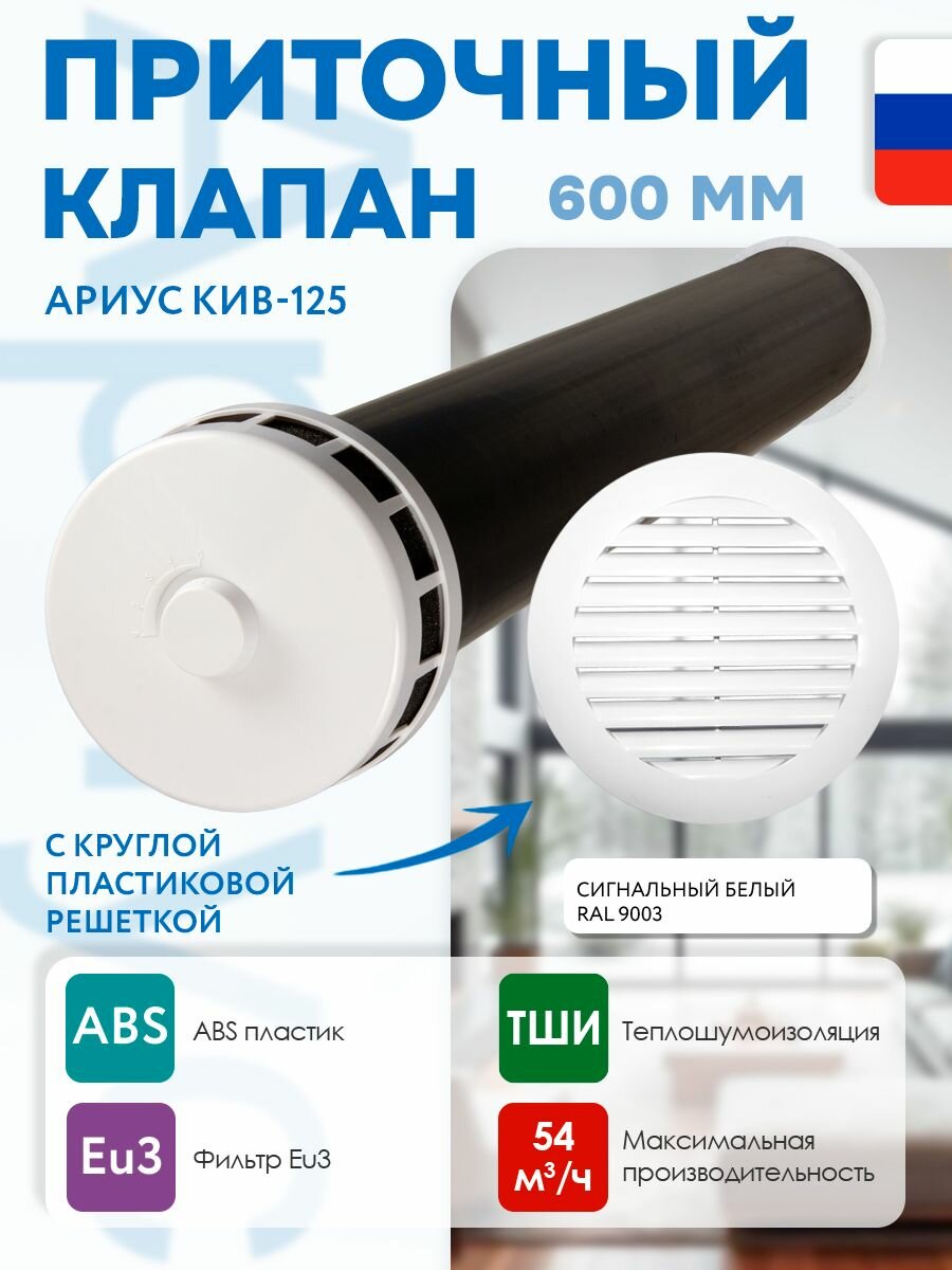 Ариус приточный стеновой клапан КИВ-125 600 мм, круглый, с теплошумоизоляцией и белой пластиковой решеткой
