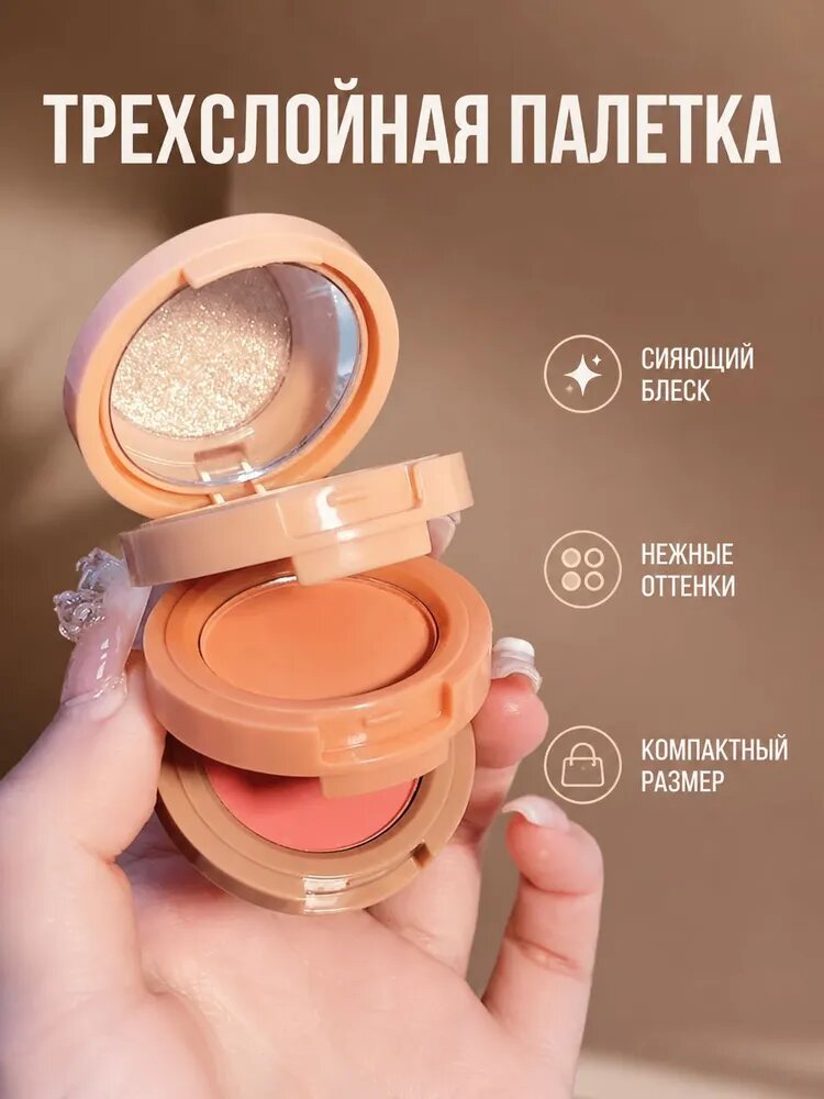 Набор косметики для макияжа 3 в 1 румяна хайлайтер тени блестящая 4.8г