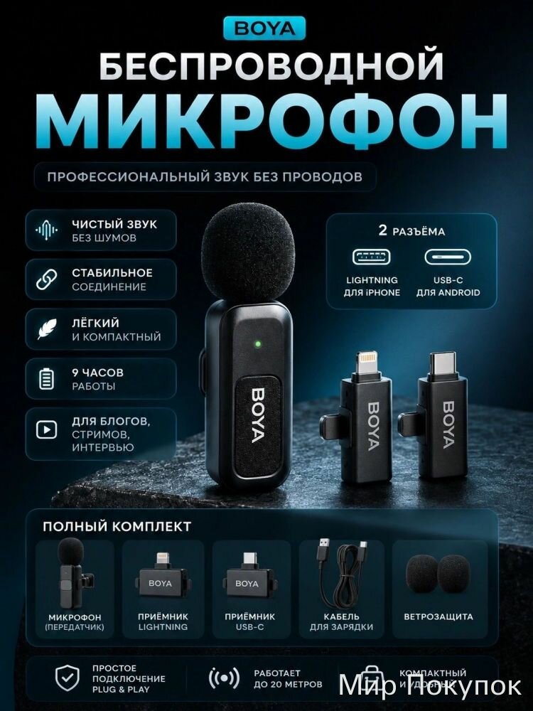 Микрофон BOYA беспроводной серый с адаптерами Lightning и USB-C, 9 часов работы, для直播 и стримов, петличный