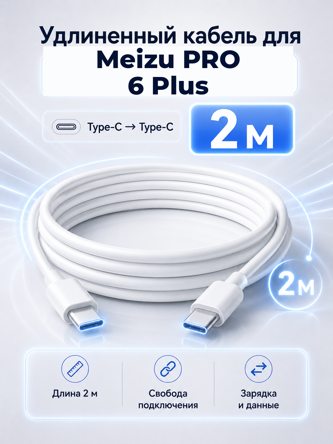 Удлиненный кабель для Meizu PRO 6 Plus Type-C на Type-C, 2 м