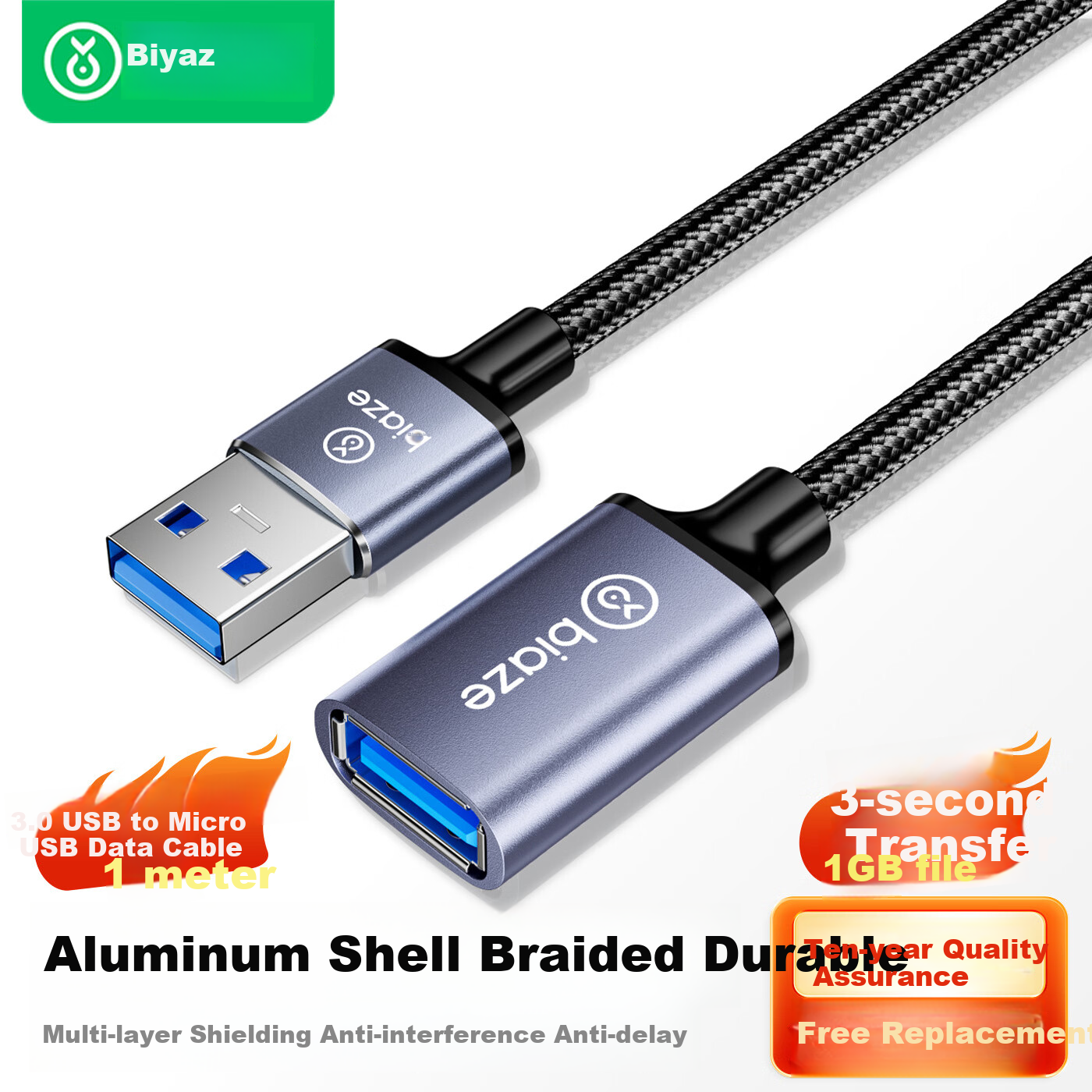 BIAZE USB 3.0 кабель-удлинитель мужской-женский алюминиевый оплетенный 1 м для USB устройств мышь клавиатура принтер