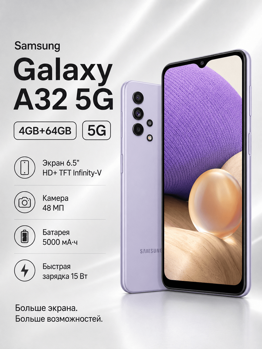 Смартфон Samsung Galaxy A32 4 ГБ/64 ГБ, аккумулятор 5000 мАч, фиолетовый (A32-A325N)