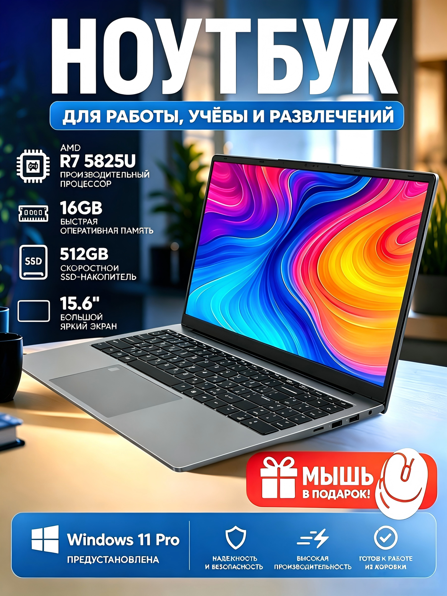 Hоутбук/Лэптоп 15,6" AMD Ryzen 7 5825U, 16 ГБ RAM, SSD NVMe 512 ГБ, предустановленная Windows 11 Pro