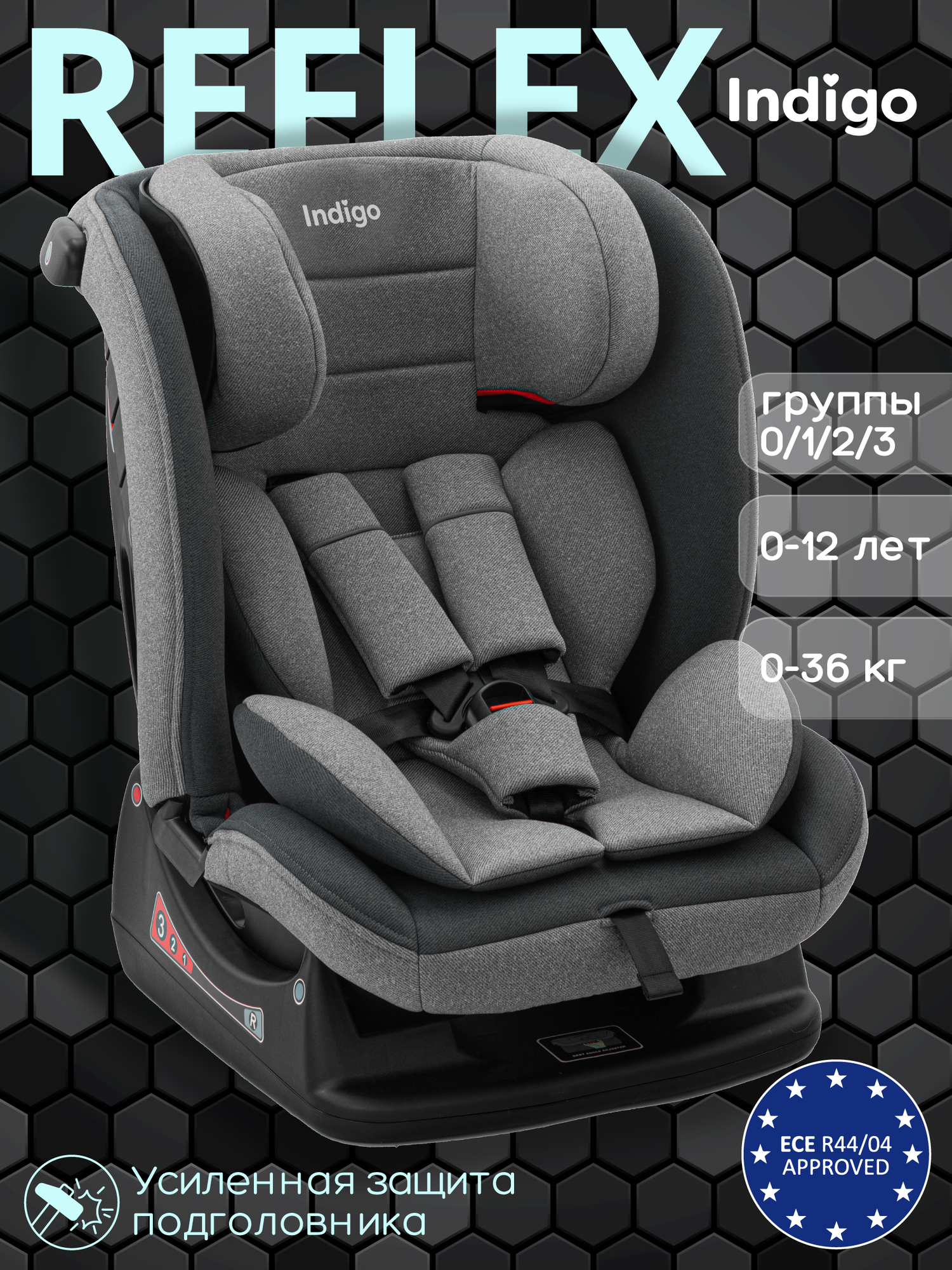 Автокресло Indigo REFLEX растущее 0-36 кг, группа 0,1,2,3, св. серый-серый
