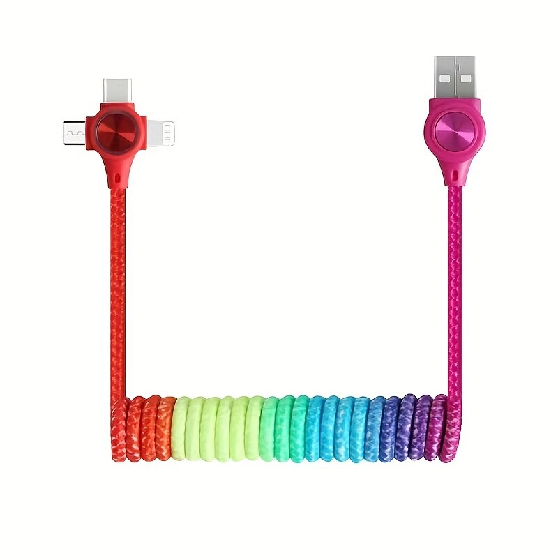 3-в-1 пружинный USB-кабель с плетеным проводом, разноцветный, для iPhone 16/15/14/13/12/11, AirPods, iPad, Xiaomi, Oppo, Vivo и других