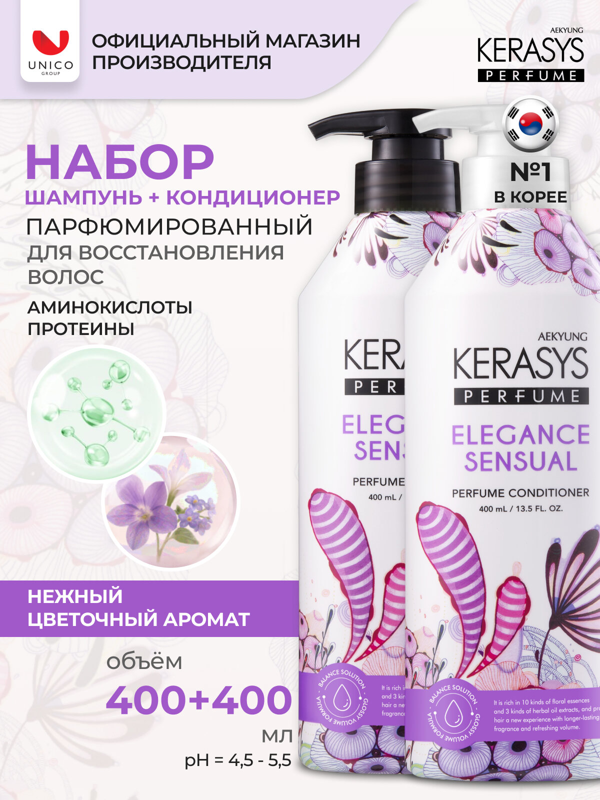 Kerasys Парфюмированный Набор Шампунь и Кондиционер для тонких волос элеганс 2х400 мл, Корея