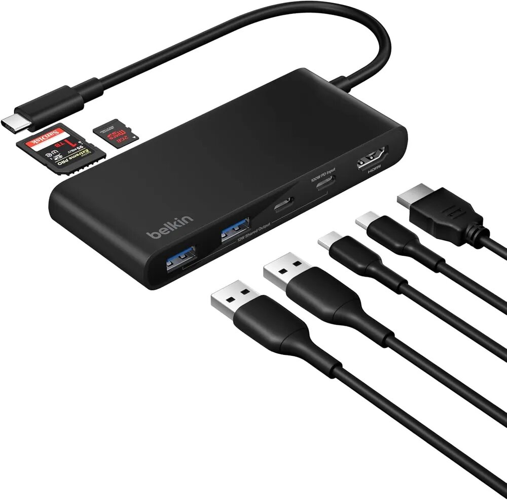 USB-C-концентратор Belkin, док-станция 7-в-1, поддерживает дисплеи 4K HDMI 60 Гц, совместим с картами SD и MicroSD, обеспечивает выходную мощность 100 Вт и скорость передачи данных до 5 Гбит/с.