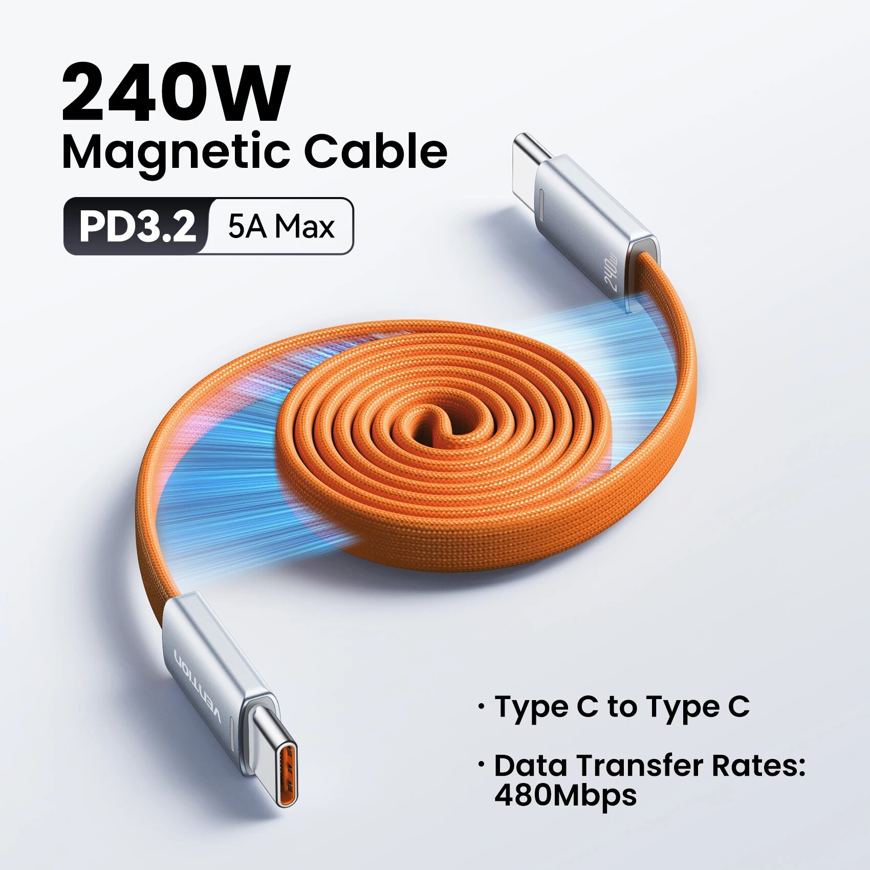 Кабель Vention USB-C на USB-C 240W PD3.2 Orange