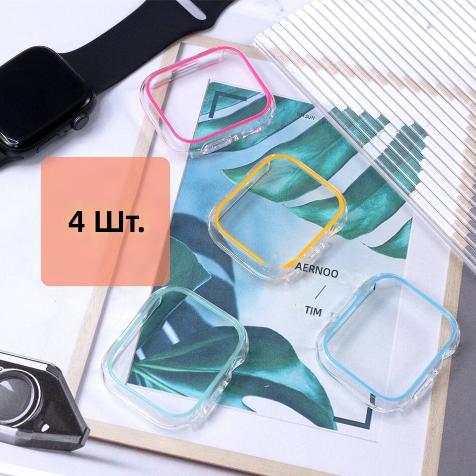 4 шт. Светящиеся защитные чехлы для Apple Watch из поликарбоната, для Apple Watch Ultra 3/2/1 SE Series 10/9/8/7/6/5/4, 40 мм, 41 мм, 42 мм, 44 мм, 45 мм, 46 мм, 49 мм (набор из 4 штук, без защитной пленки)