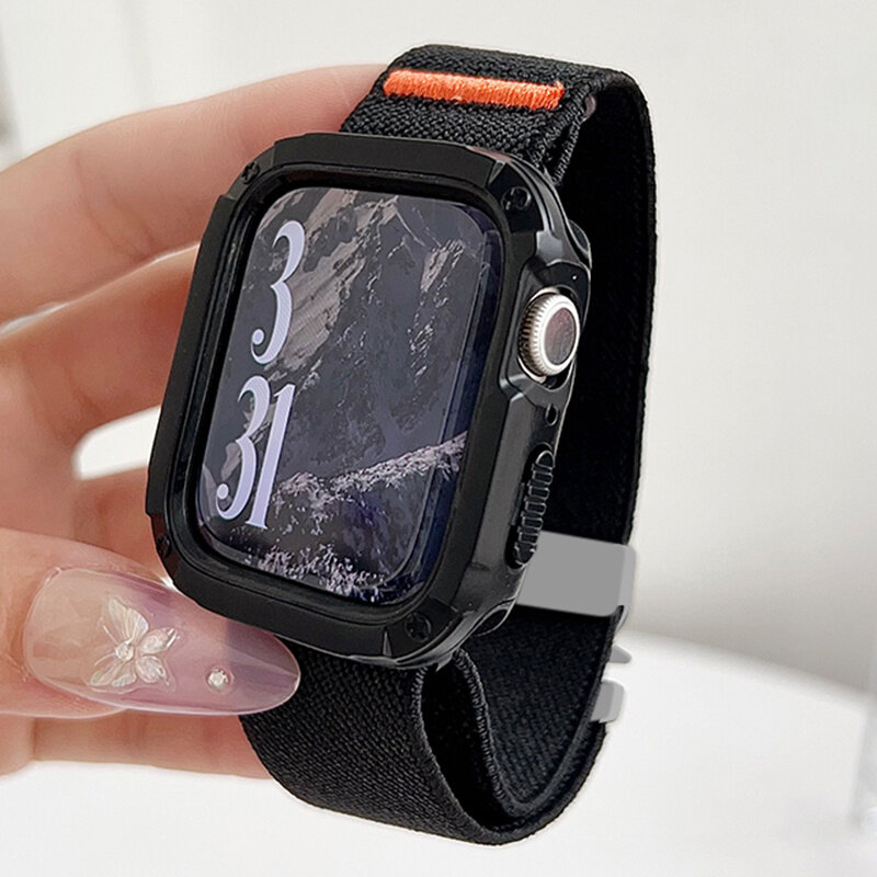 Набор чехол и ремешок 2 в 1 для Apple Watch 42/44/45 мм, черный, нейлоновый ремешок, TPU+PC защитный чехол
