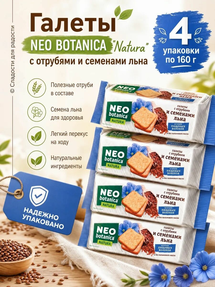 Галеты NEO BOTANICA с отрубями и семенами льна 160 г 4 шт