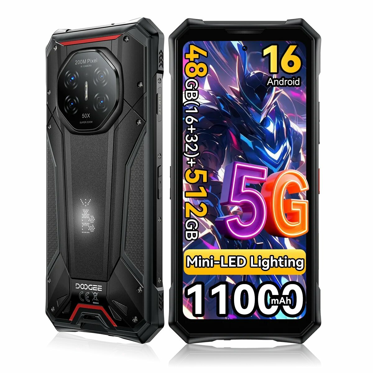 Защищенный смартфон DOOGEE S300 Pro, 48 ГБ (16+32) + 512 ГБ, 11000 мАч, 6,78-дюймовый FHD-экран.