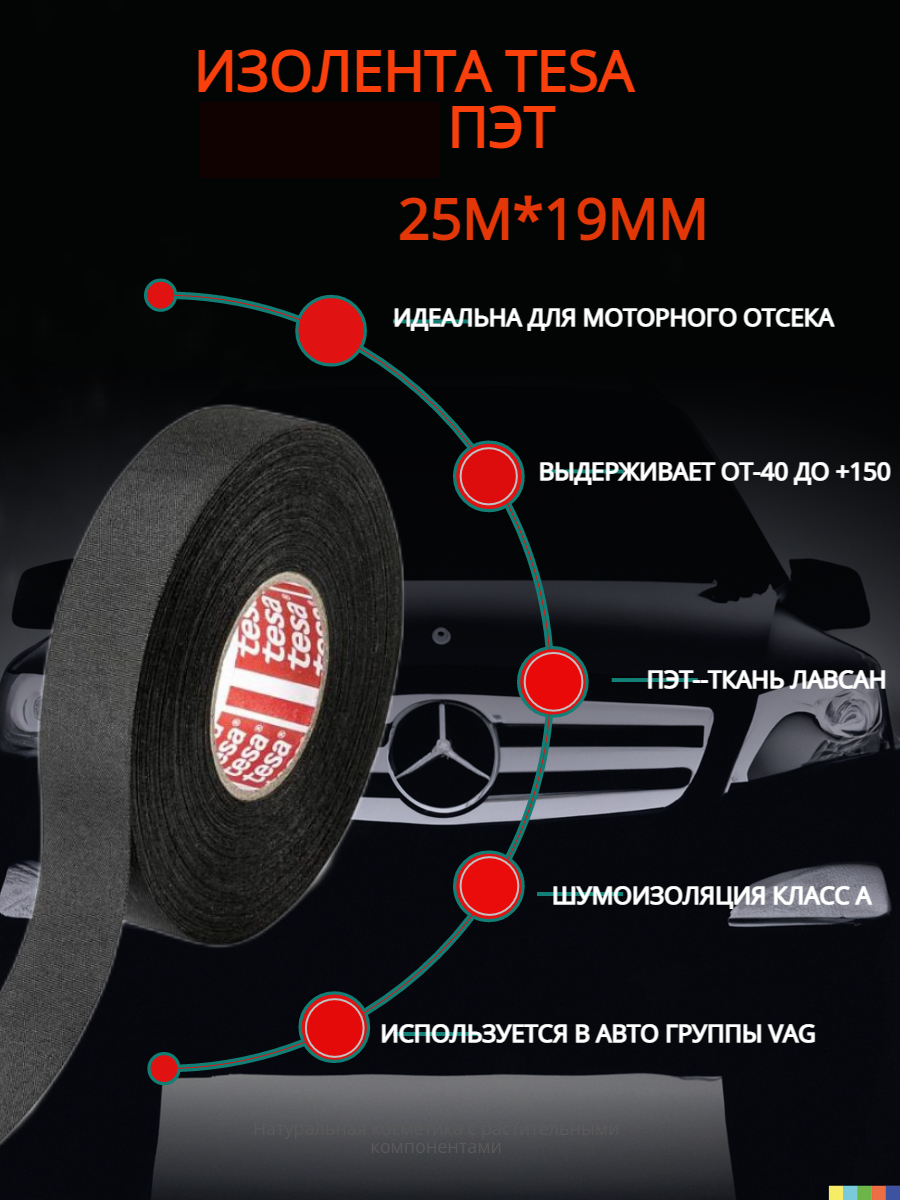 Изолента Теза 51036, 1 шт. 19 мм. длина 25 м. ПЭТ-ткань лавсан автомобильная профессиональная черная термостойкая для жгутования в моторном отсеке