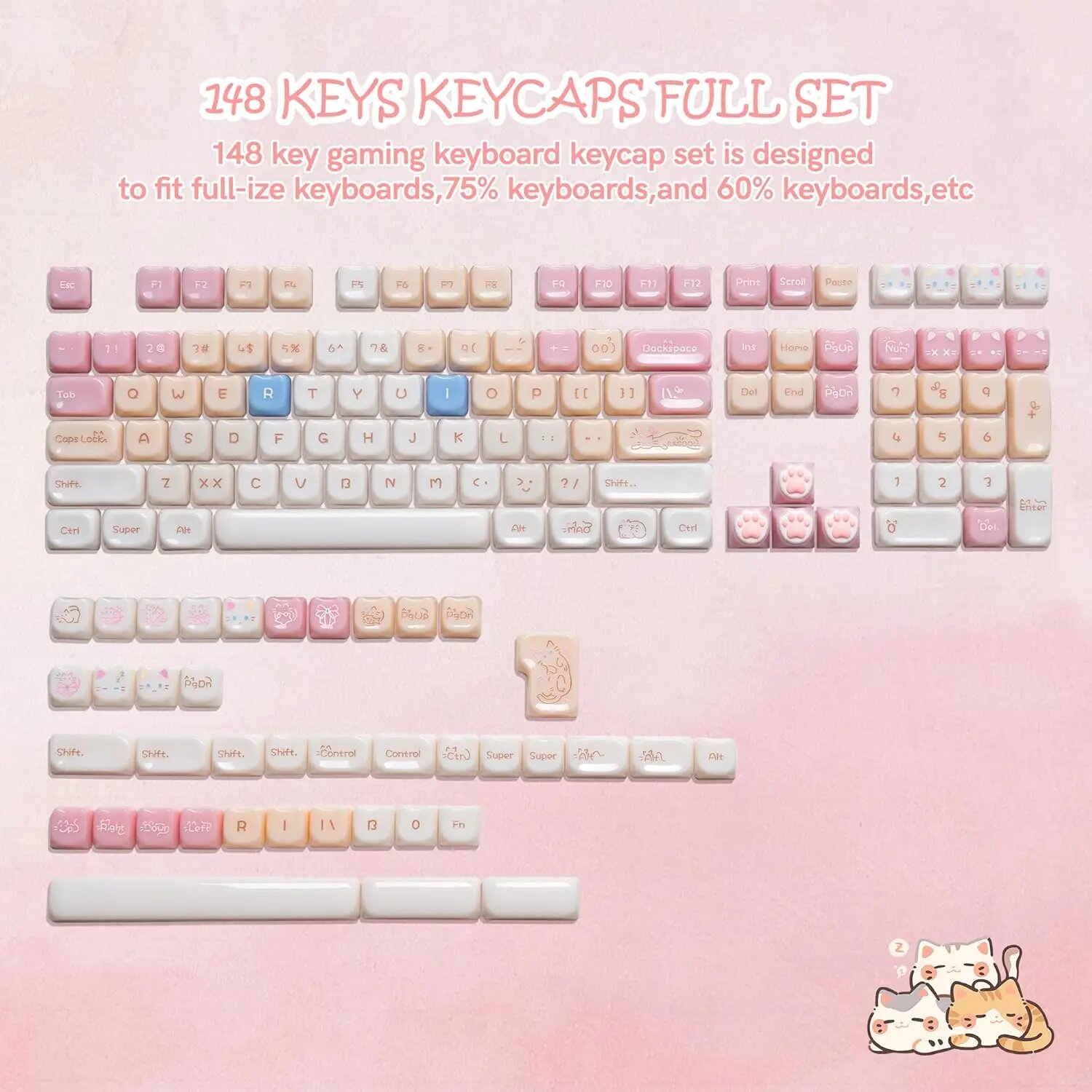 Jelly Jade Keycaps Mao Профиль Сиамская кошка 148 шт Розовый, light pink