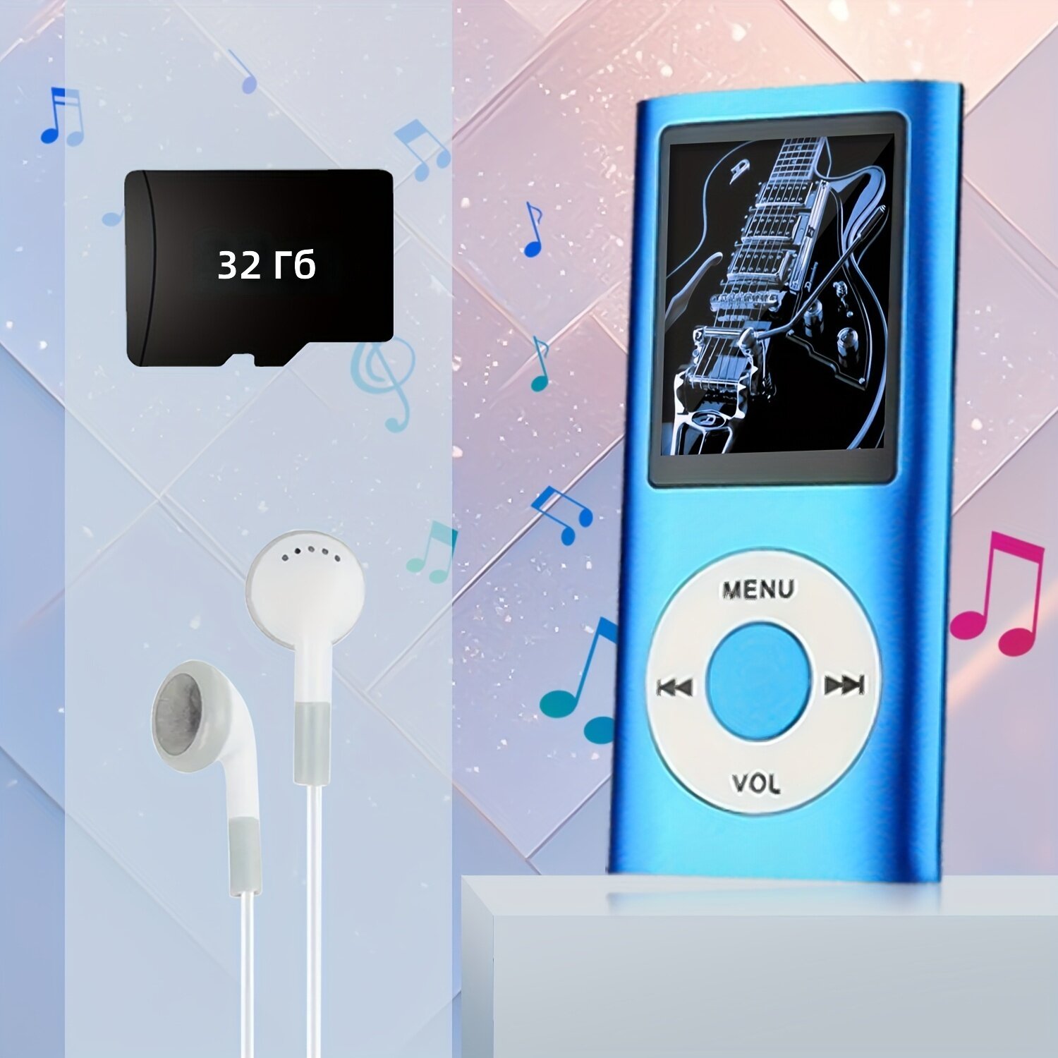 MP3 плеер с 32 ГБ картой памяти, портативный цифровой плеер, видео, запись голоса, электронные книги, просмотр фото, 1.8-дюймовый ЖК-экран, синий