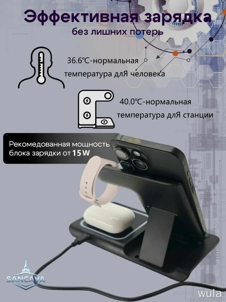 Беспроводная зарядка для Android и iphone/ Зарядная станция для Android и Apple / Док станция 3 в 1/черное