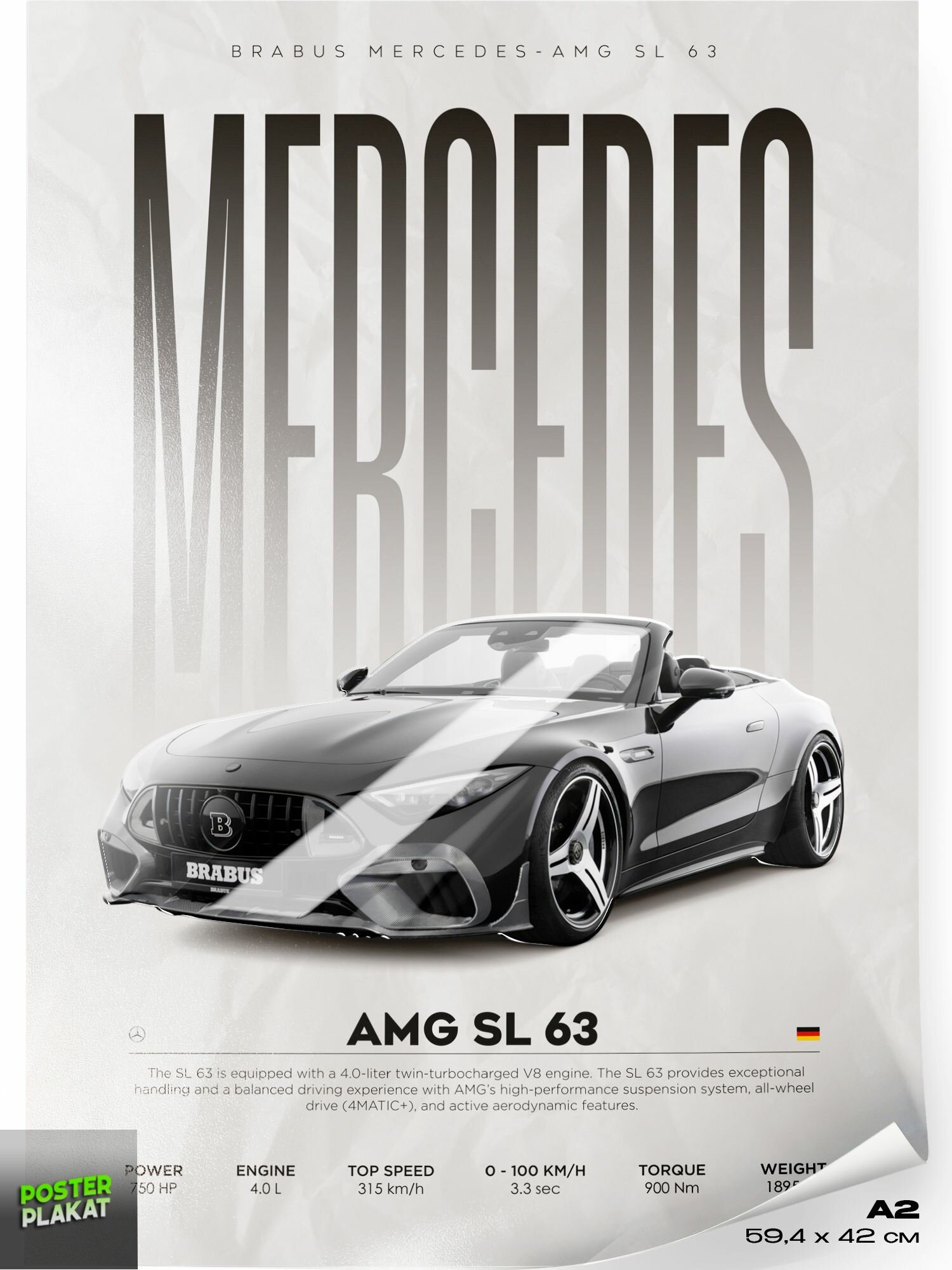 Постер на стену с машинами, Mercedes AMG SL 63, авто Мерседес, для интерьера, А2 (60 х 42 см), Постер Плакат