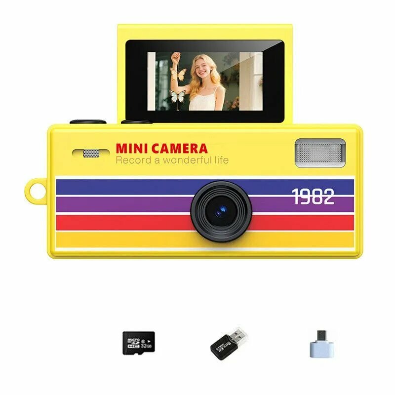 Мини-камера ретро Thumb Camera 1982, портативная цифровая видеокамера с вспышкой и поворотным экраном, 32ГБ, для блогеров и стильный аксессуар