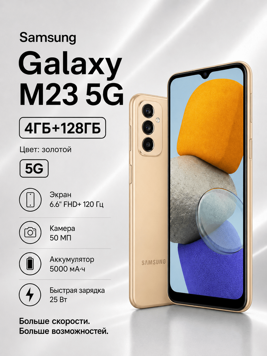 Смартфон Samsung Galaxy M23 5G, 4 ГБ/128 ГБ, одна SIM-карта, поддержка NFC, экран 120 Гц, золотистый цвет.