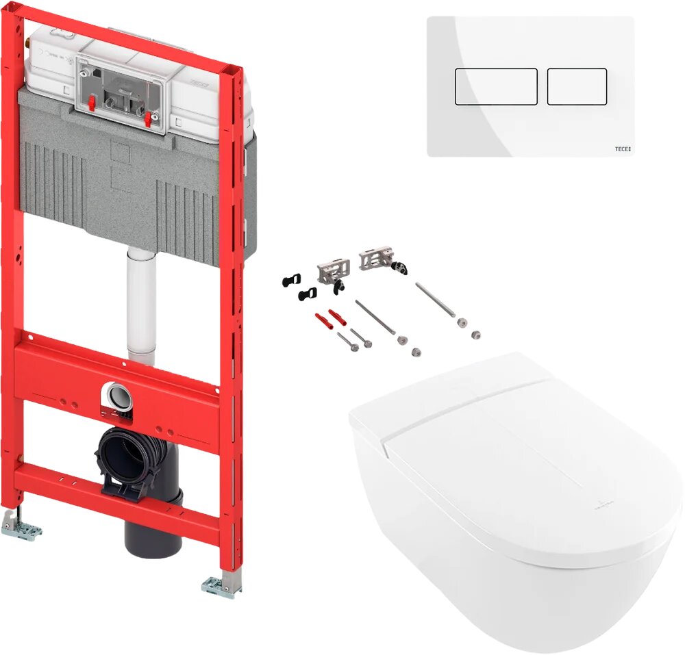 Комплект 5 в 1 Умный унитаз Villeroy & Boch Viclean V0E100R1 / Инсталляция TECE Profil TECEprofil Uni 2.0 9300302 / Кнопка TECEsolid 9240432 цвет глянцевый белый, Рамка Now 9240410, белая, Крепления