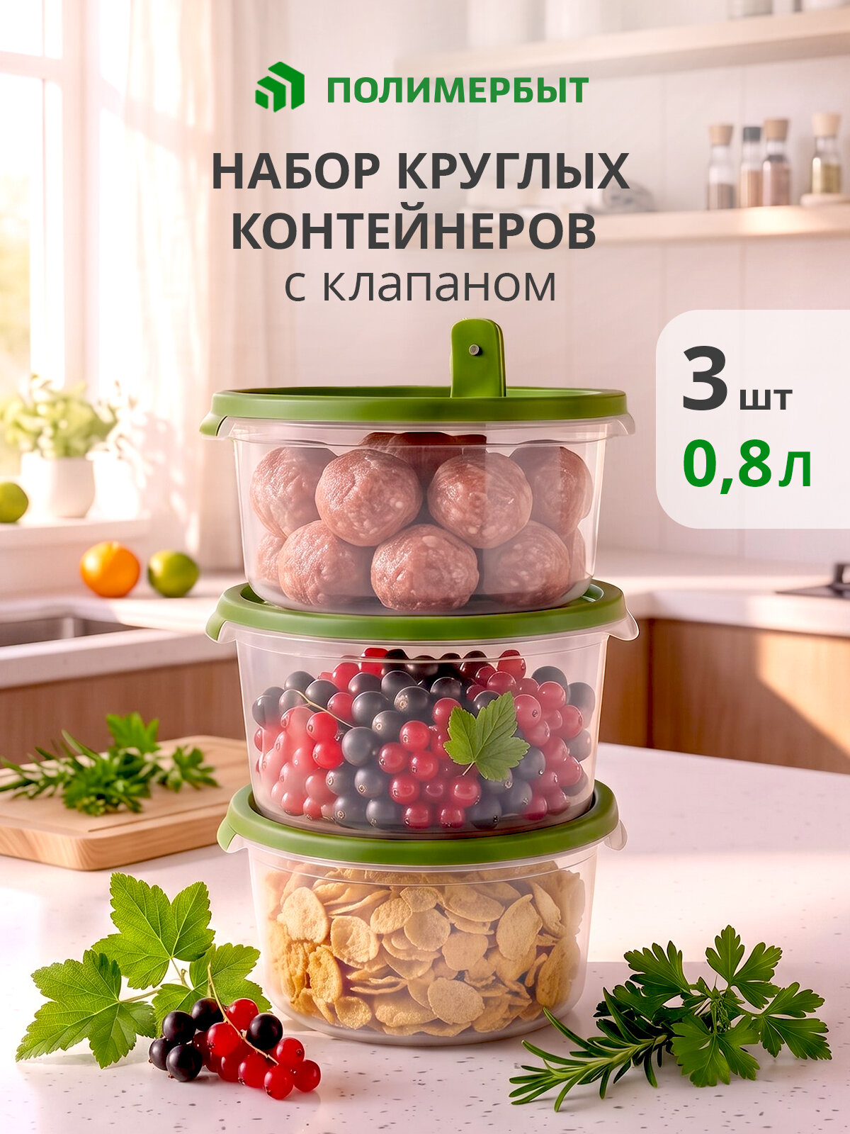 Набор контейнеров полимербыт, пластик, квадратные, 3 шт, 0.8 л, зеленые