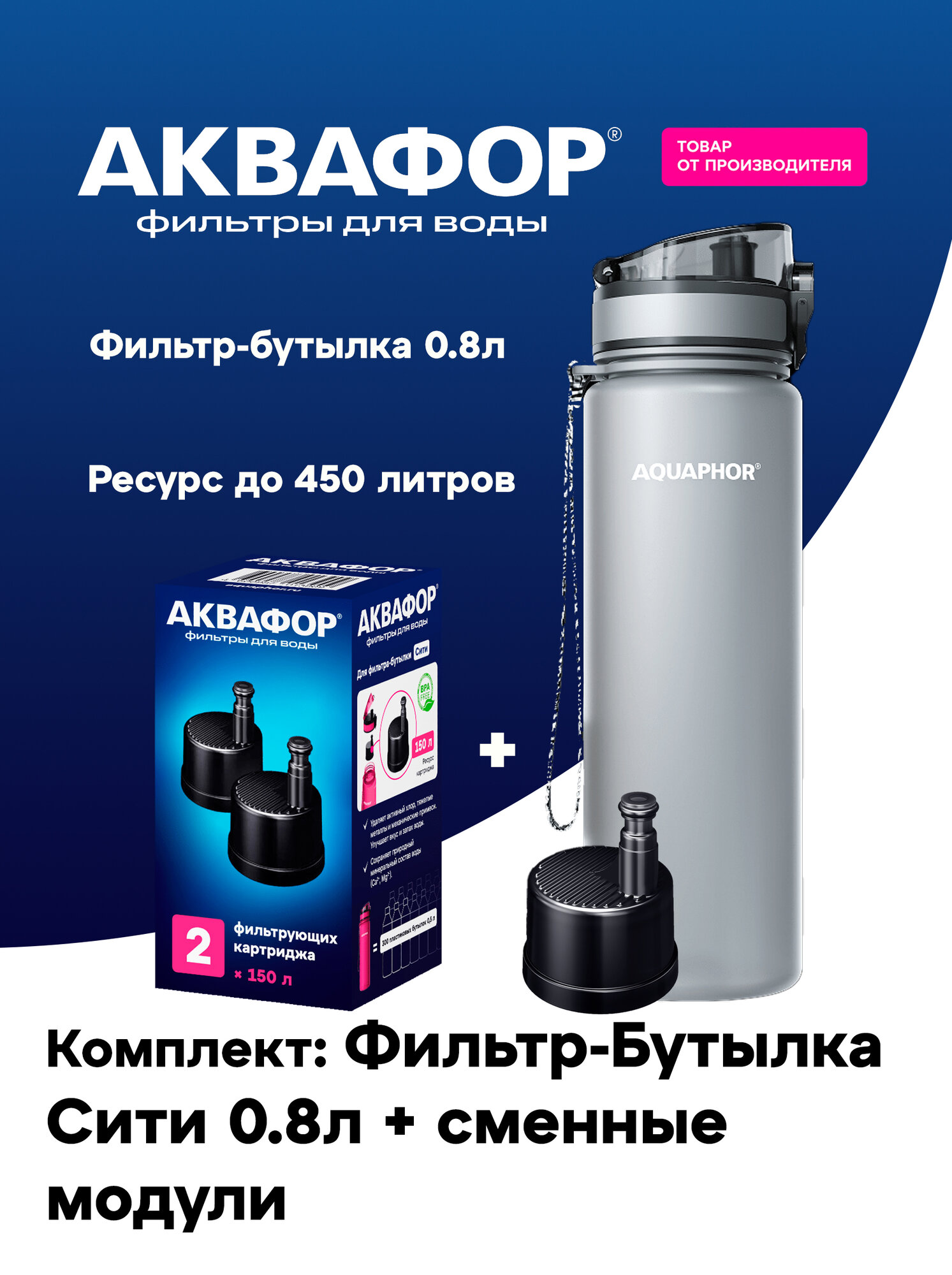 Комплект Фильтр-Бутылка "Сити" 0.8 л, цвет: Серый, доочистка водопроводной воды+ 2 сменных модуля