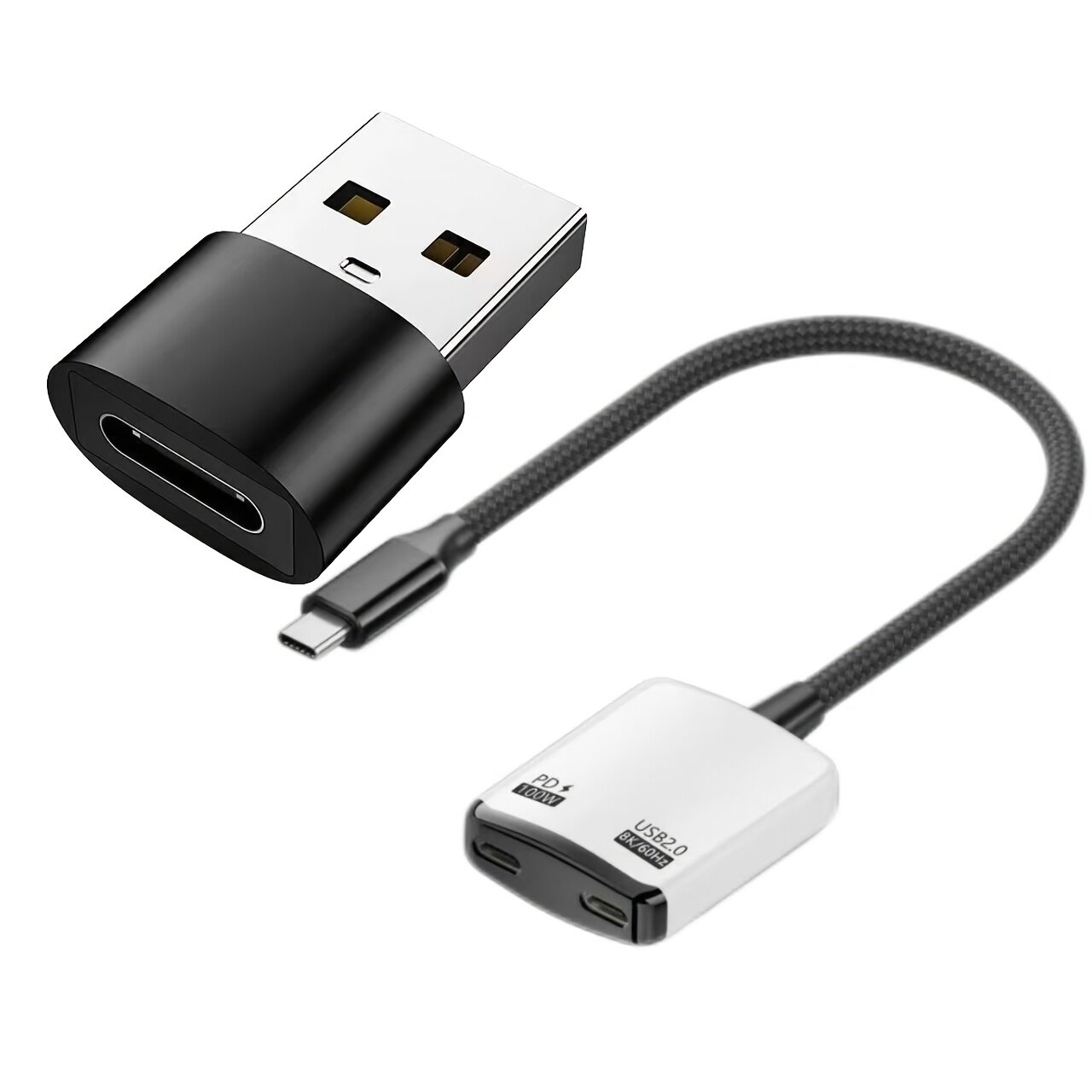 2-в-1 многофункциональный USB-C сплиттер-адаптер с поддержкой Power Delivery до 100 Вт, видеовыходом 8K@60 Гц, USB 2.0, для ноутбуков, смартфонов и планшетов, а также USB-C на USB адаптер, цвет Black Panda