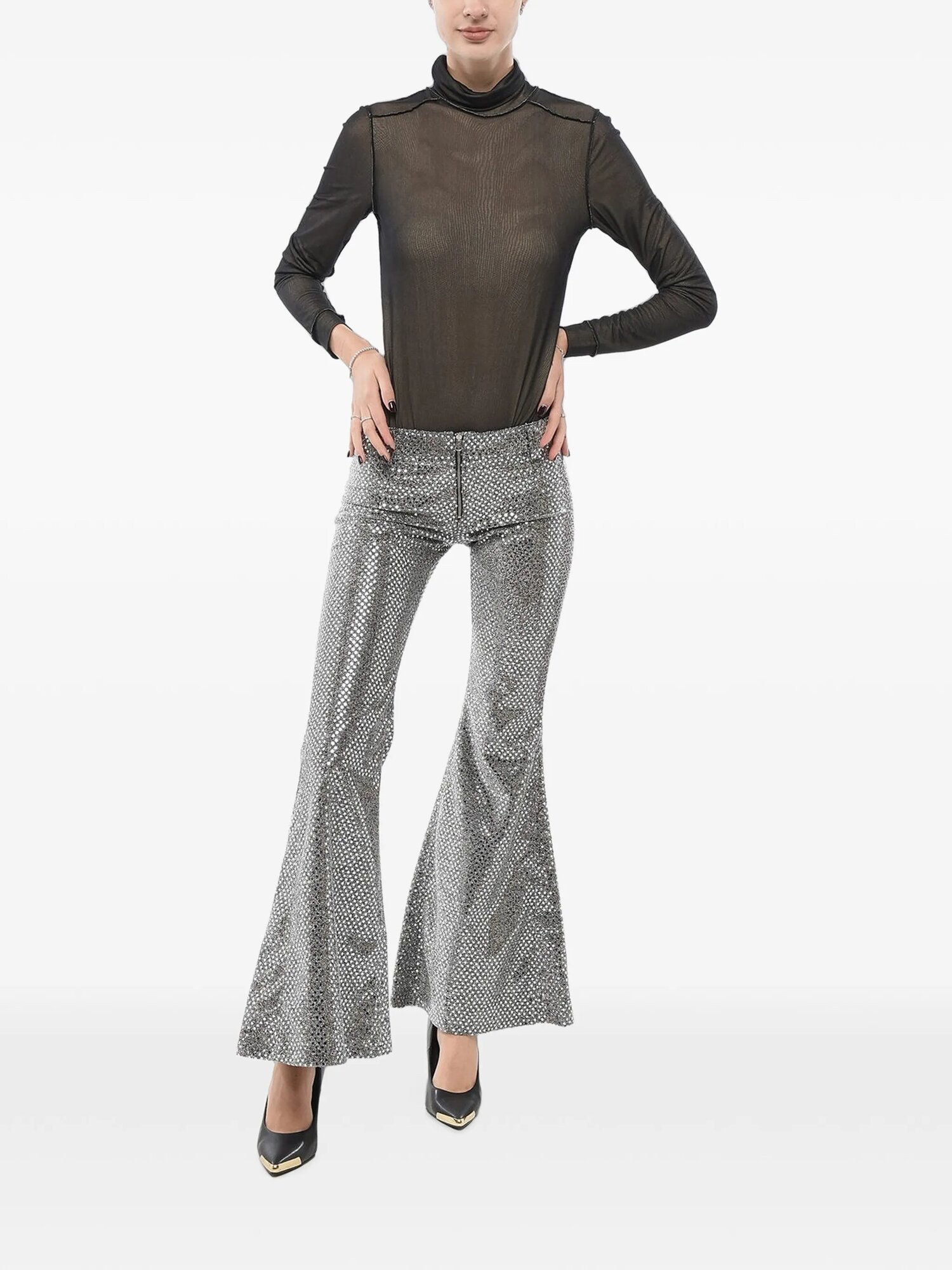 Брюки ERL Sequin-embellished boot-cut trousers, размер 40, серебристый/красный — фото 1