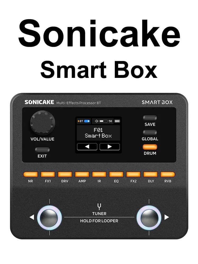 Портативный гитарный процессор Sonicake Smart Box, 130+ эффектов, NAM/IR, Bluetooth, драм-машина, лупер, звуковая карта, для электрогитары, баса и акустики, стереовыход, от батареи/9В.
