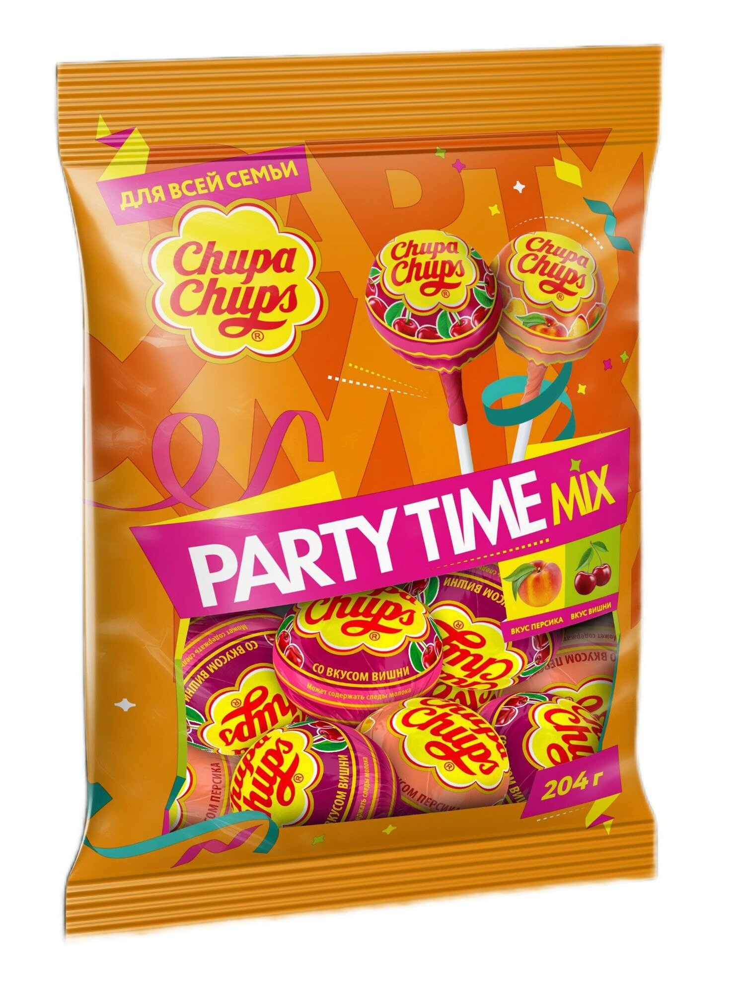 Набор кондитерских изделий Chupa Chups Party Time Mix со вкусами персика и вишни, 17 шт. х 12 гр.