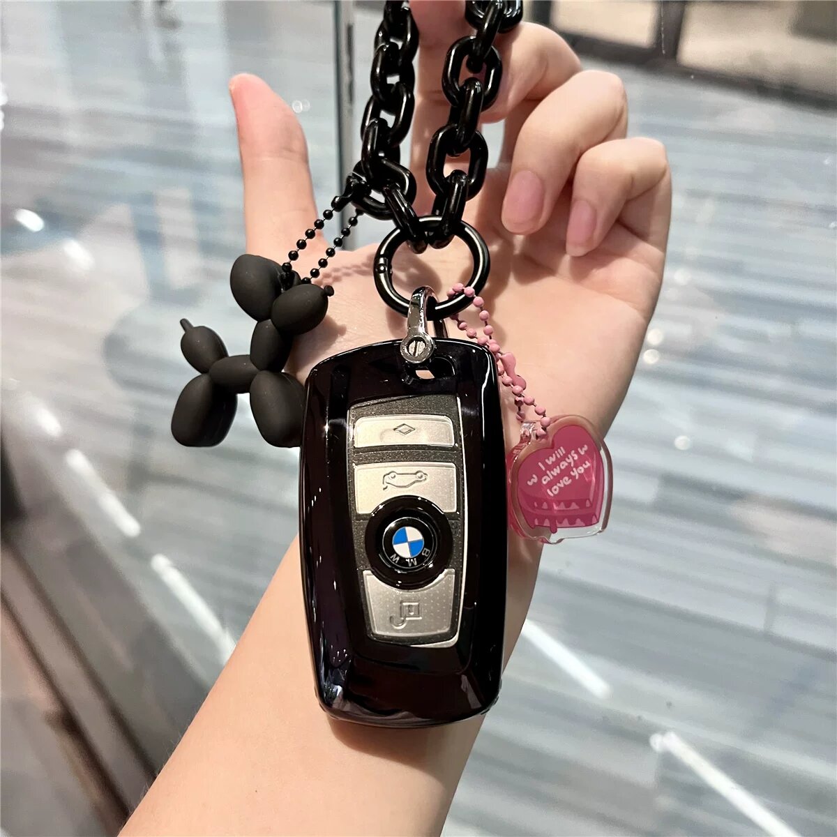 Ключевой брелок для BMW 3 и 5 серий, стиль AB, прозрачный черный с воздушным шариком собаки и маленьким розовым