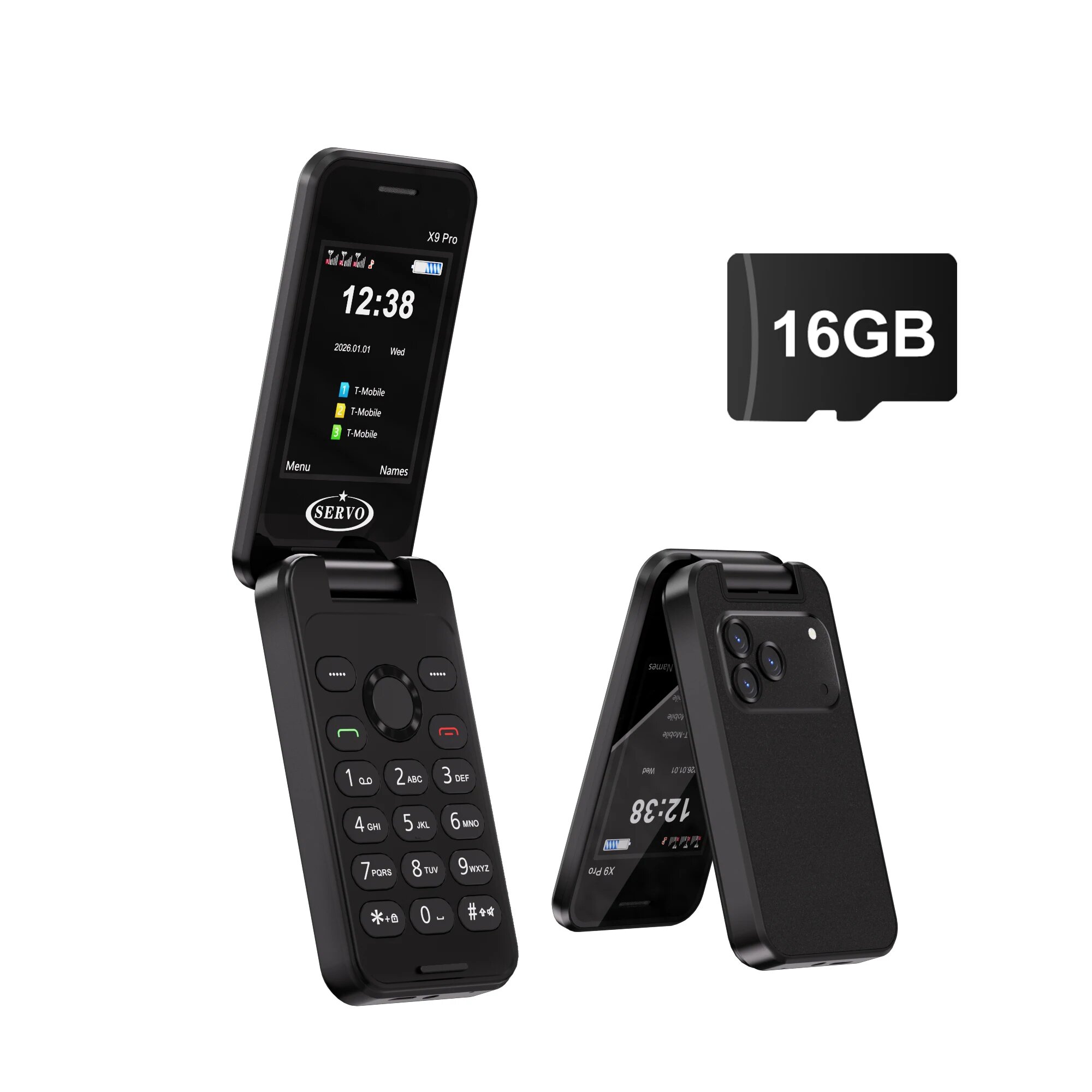 Сотовый Телефон-раскладушка SERVO X9 PRO 2G GSM С 3 SIM-картами, Черный, black N 16GB TF card