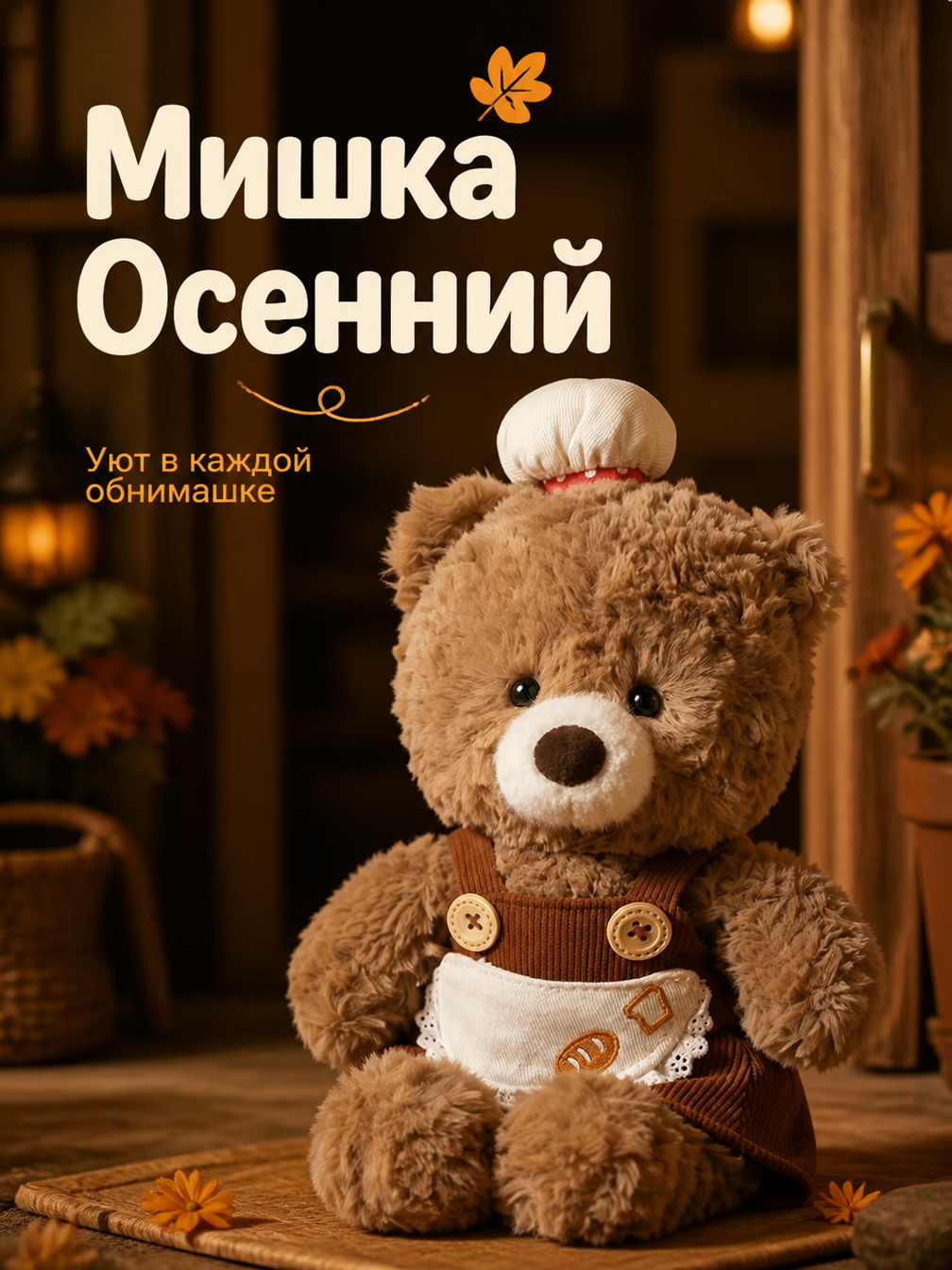 Мягкая игрушка, плюшевый мишка, в поварском колпаке и фартуке, 24 см, коричневый