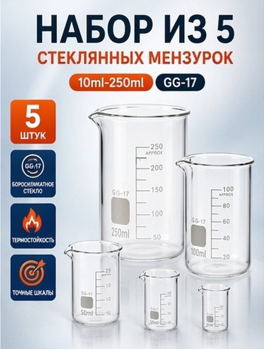 Набор стеклянных мензурок 10-250 мл для хранения лабораторных растворов, 5 шт