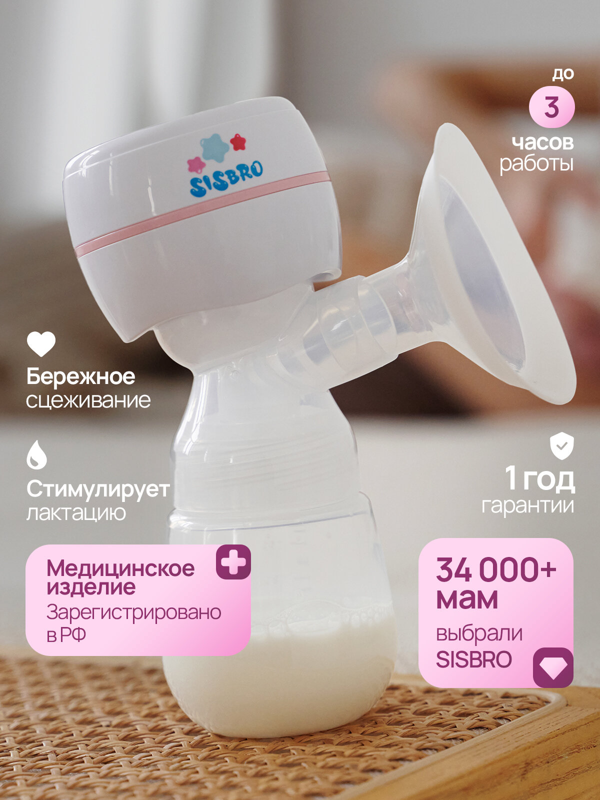 Молокоотсос электрический Sisbro, белый, 3 режима, USB-зарядка