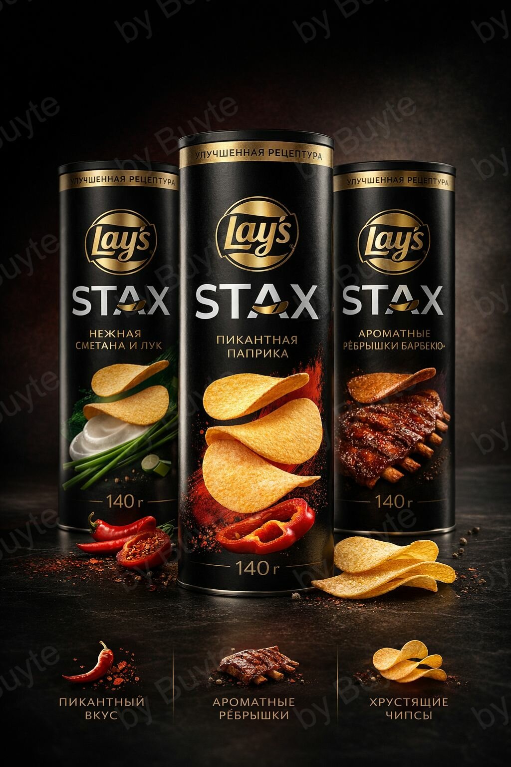 Чипсы картофельные LAY'S/ Лейс Stax / Комбо/ Пикантная паприка, Ароматные ребрышки барбекю, Нежная сметана и лук, 3 по 140г