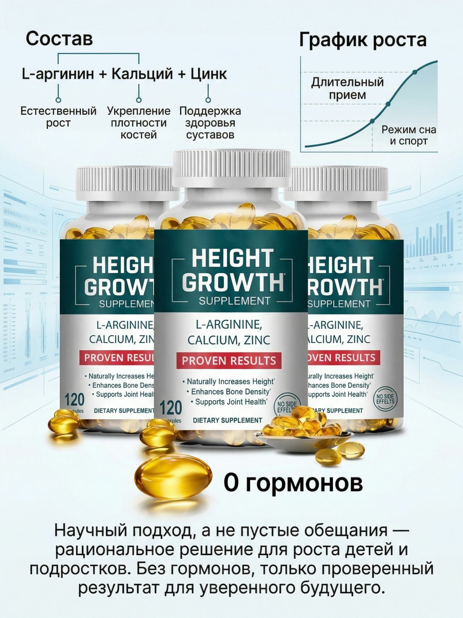 Максимизатор роста Height Growth, 3 банки, 120 капсул, кальций, цинк, витамин D3, L-аргинин, укрепление костной ткани, для детей и подростков, без гормонов, сделано в США