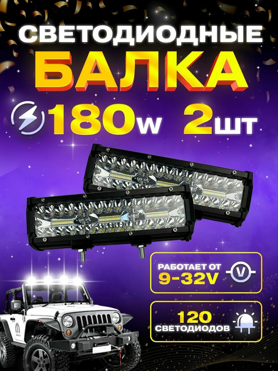 Противотуманные светодиодные фары 2 шт, дополнительный автосвет, вспышки фсо, дневные ходовые огни. Балка 180w. 2шт. 23,6см. 9v-32v. Комбинированный свет