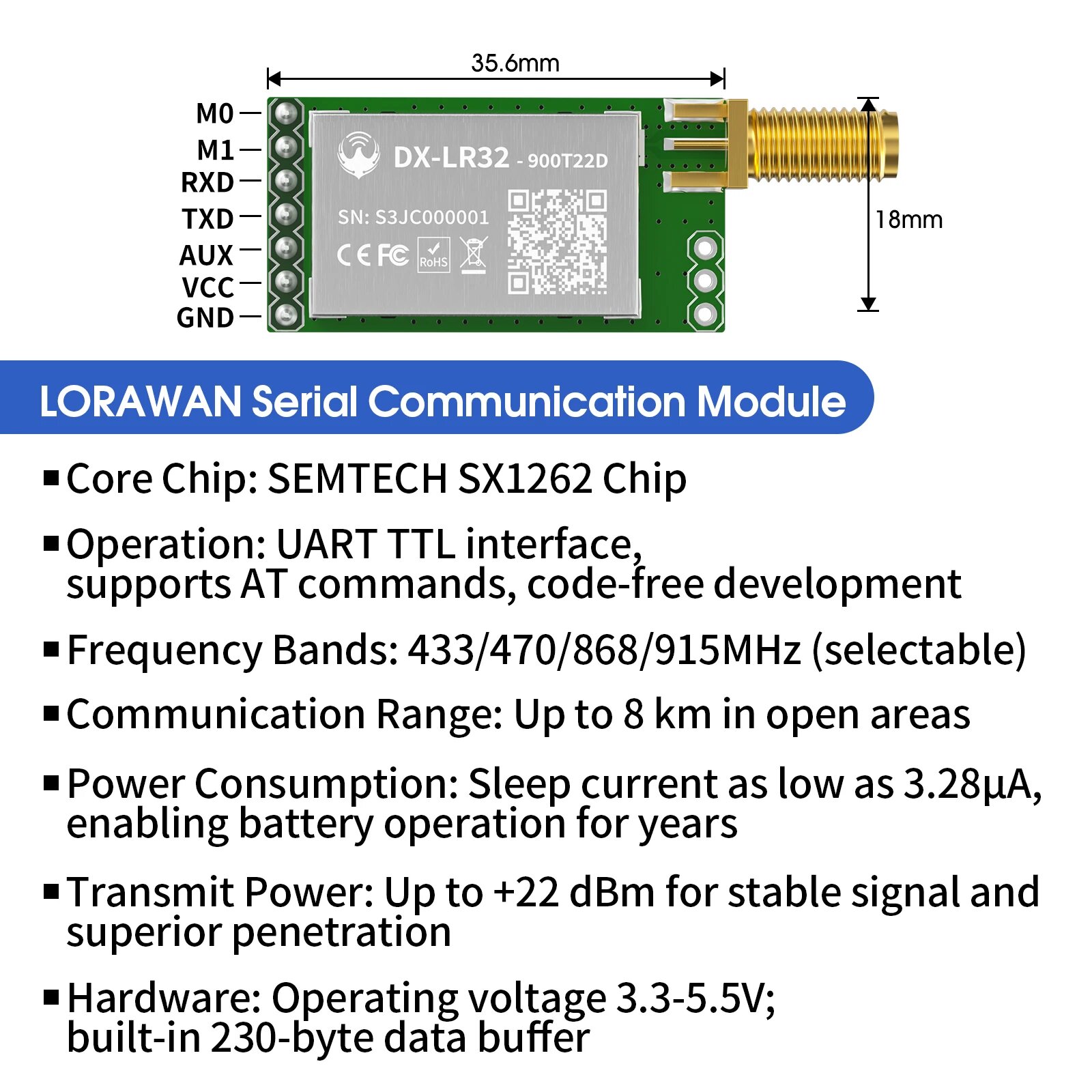 Модуль LoRa DX-LR32 433MHz, SX1262, Цвет: DX-LR32-433T22D(T0 — фото 1