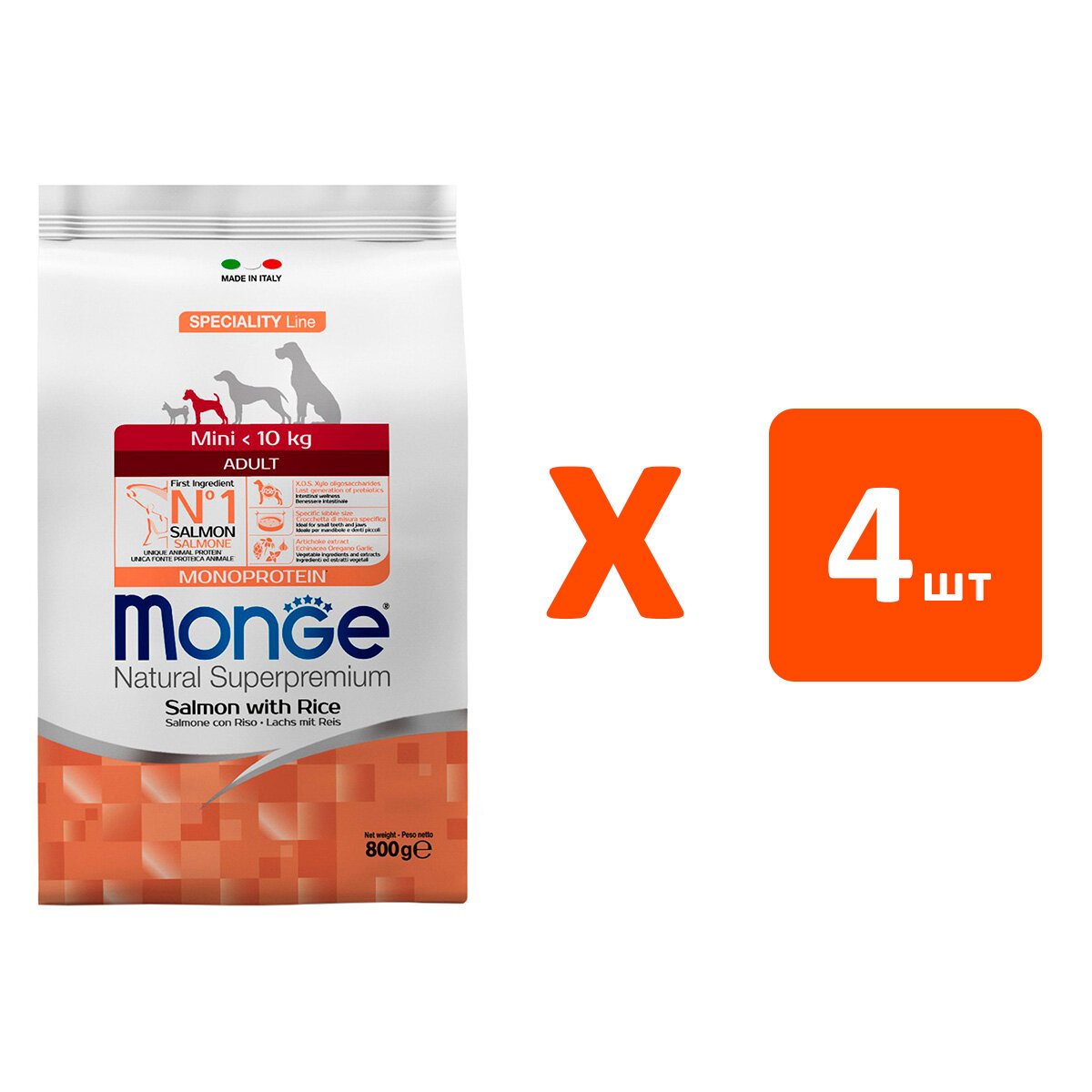Корм сухой Monge Speciality Dog Mini Adult Salmon для взрослых собак маленьких пород, лосось, рис, 0,8 кг 4 шт