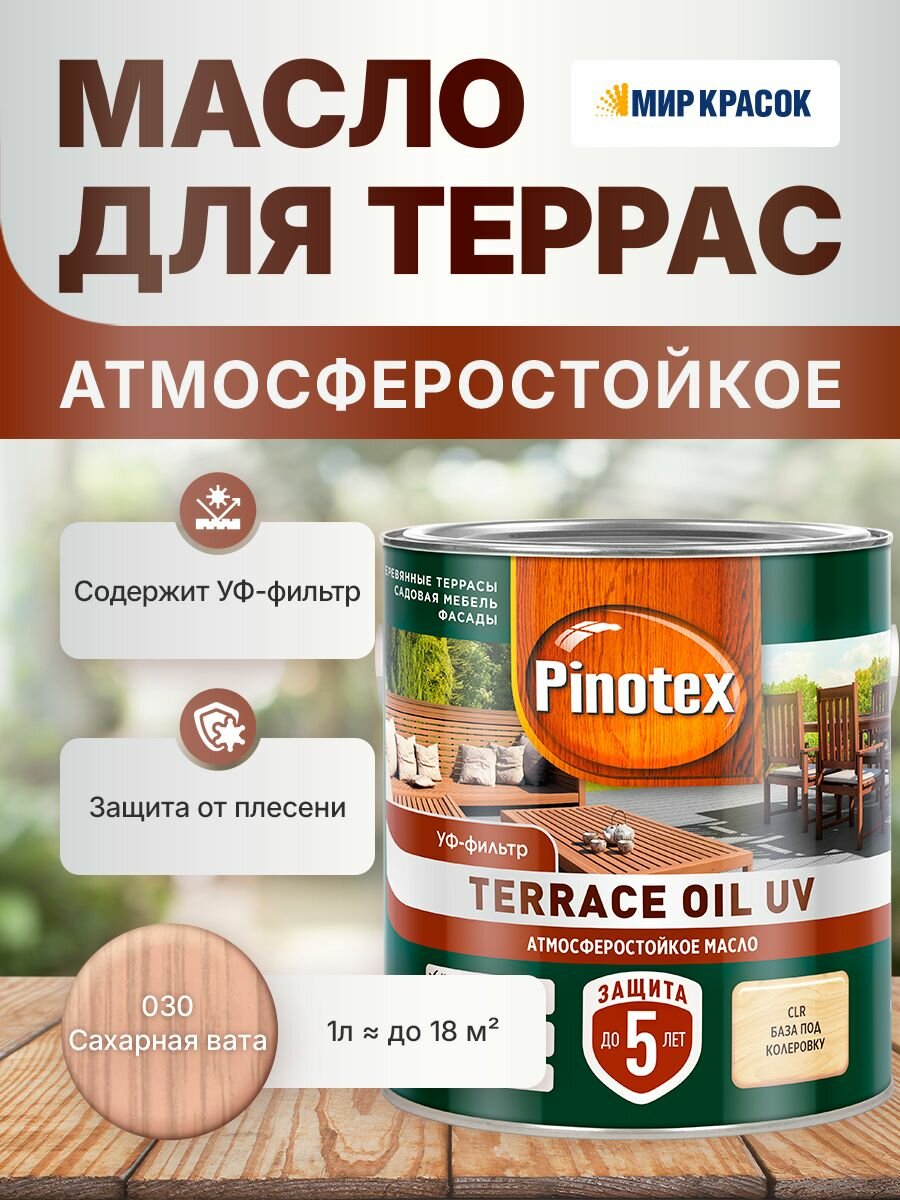 PINOTEX TERRACE OIL UV колерованное масло для террас, фасадов и садовой мебели, цвет: Сахарная вата 030 (2,5л)