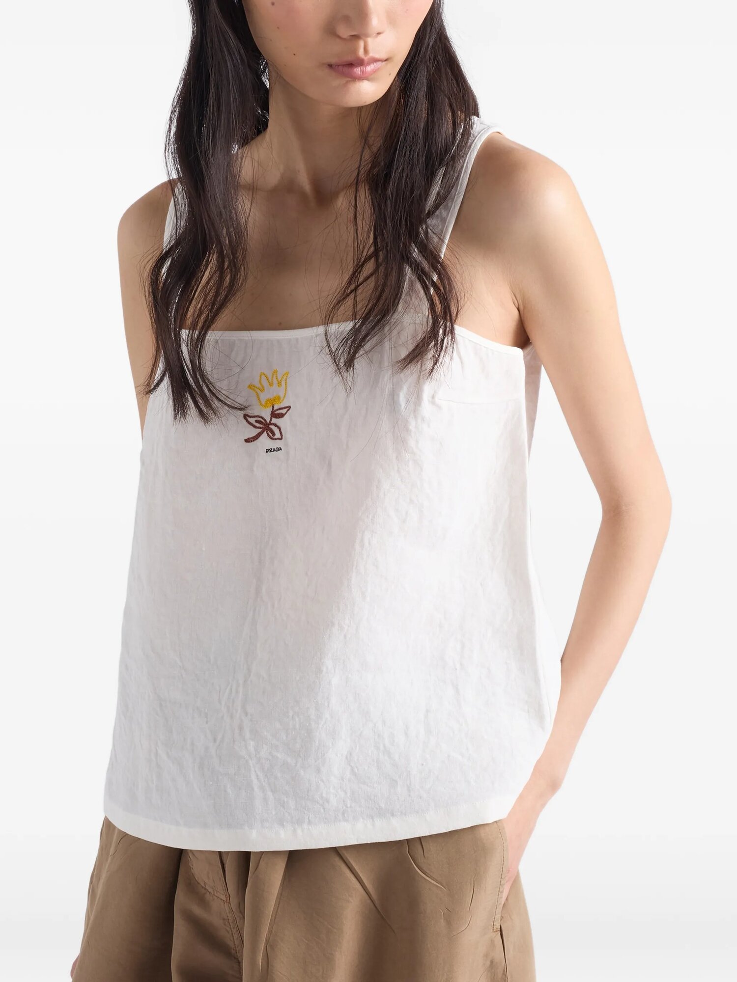 Топ Prada Embroidered linen top, размер 36, бежевый/белый — фото 1