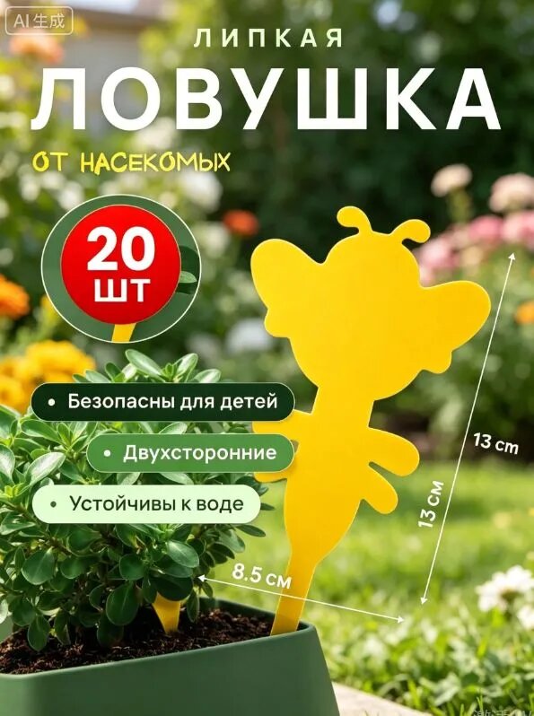 Липкая ловушка для насекомых, клеевая пластина пчёлка, от мошек и белокрылки, для теплиц и горшков