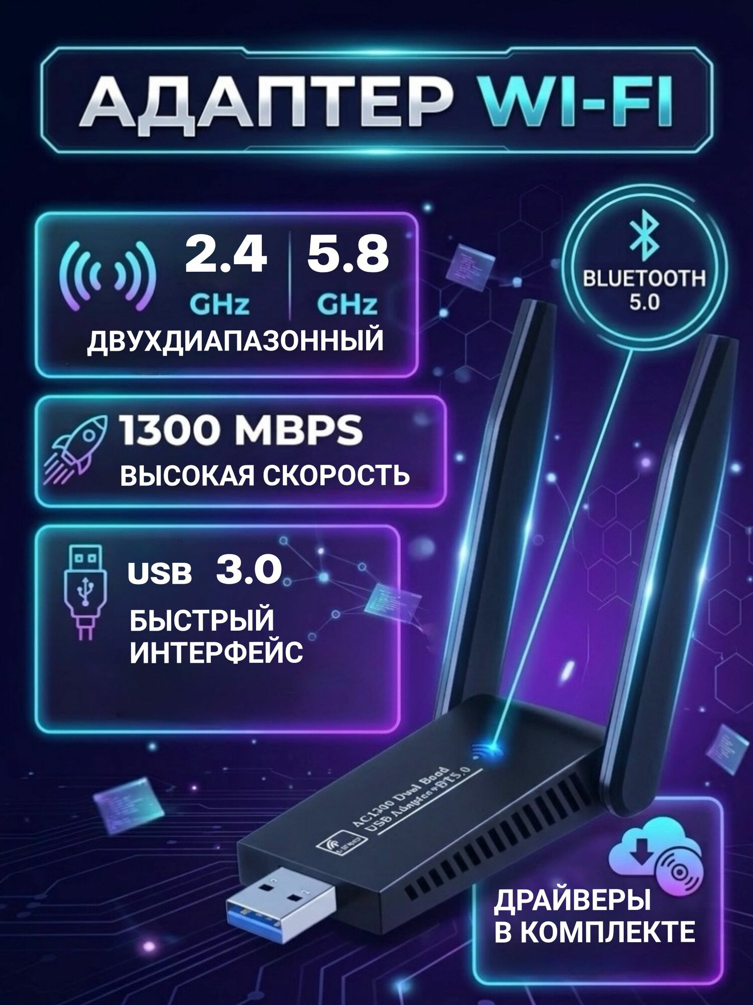 Wi-Fi адаптер USB для компьютера, 1300 Mbps, 2.4 5 GHz, Bluetooth 5.0, USB 3.0, 2 антенны