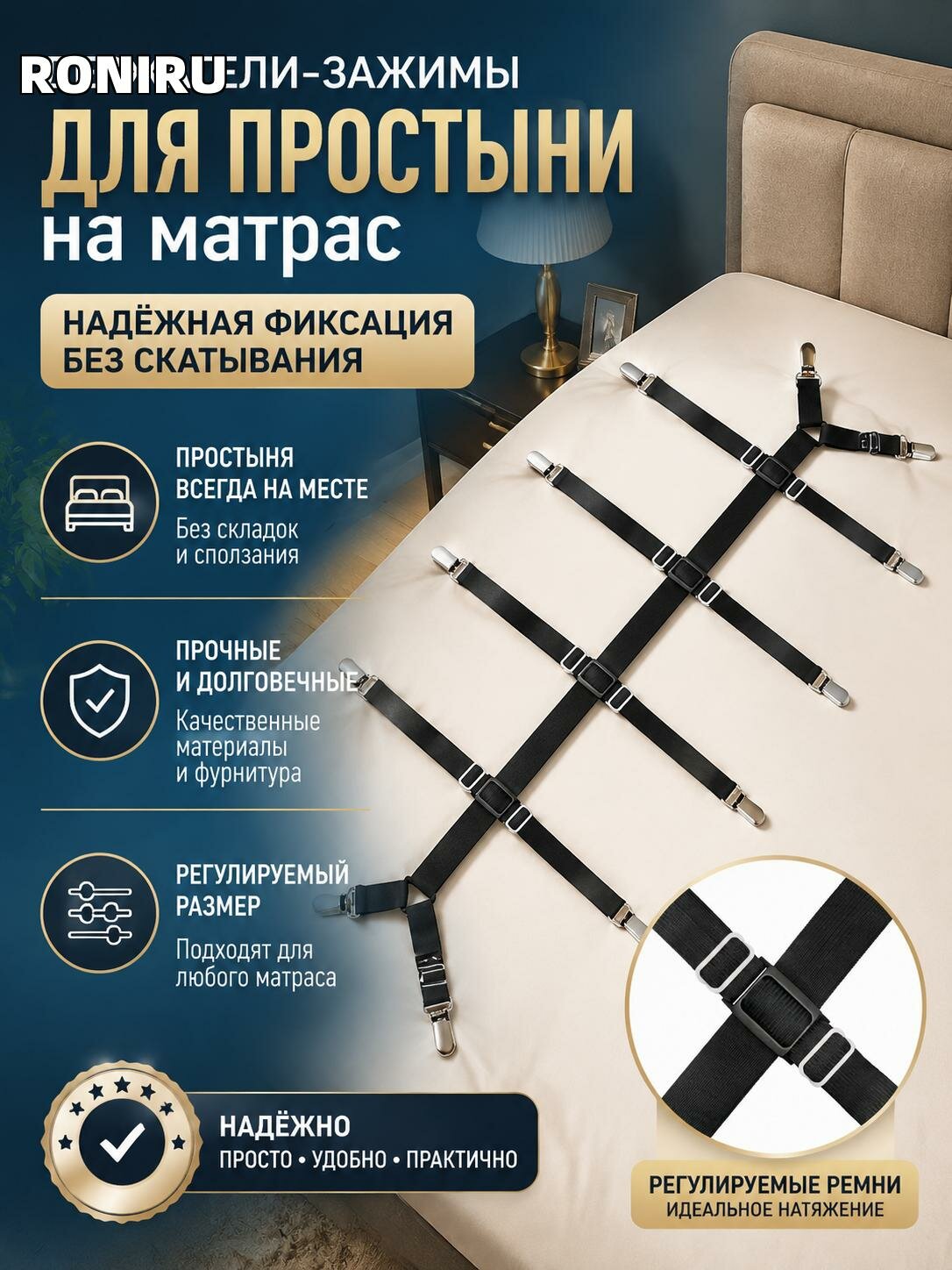Зажимы держатели для простыни на матрас — чёрный держатель-резинка, фиксатор простыни против скатывания для кроватей