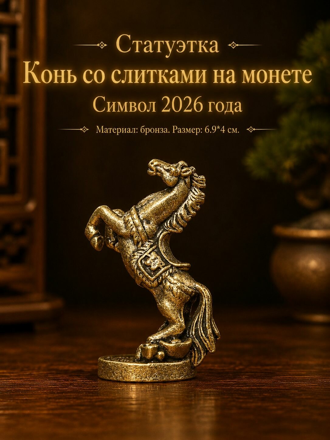 Статуэтка "Конь со слитками на монете", Фен-Шуй, бронза (4*6.9 см)