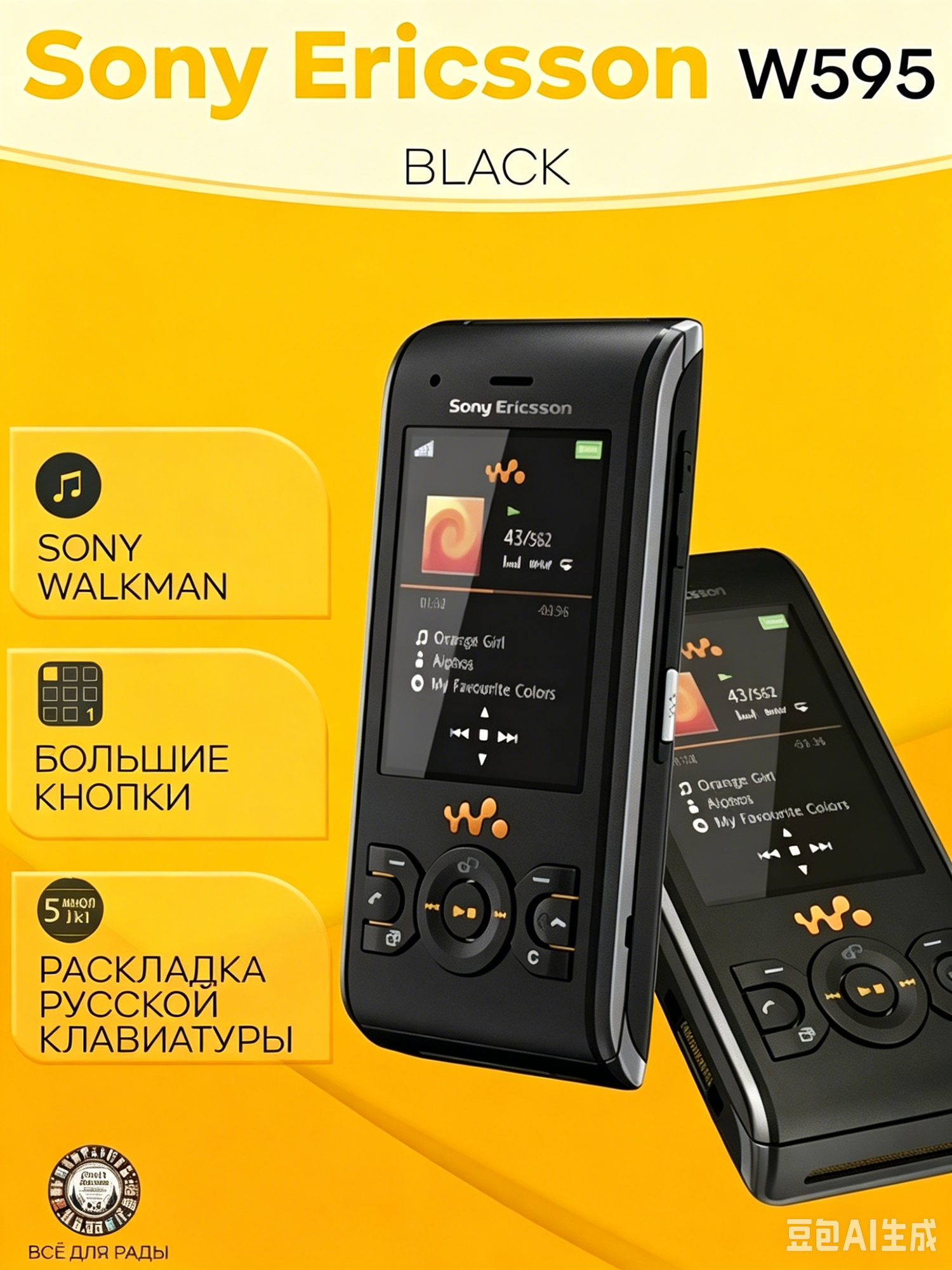 Мобильный телефон Sony Ericsson W595, черный, с поддержкой Walkman и русской клавиатурой