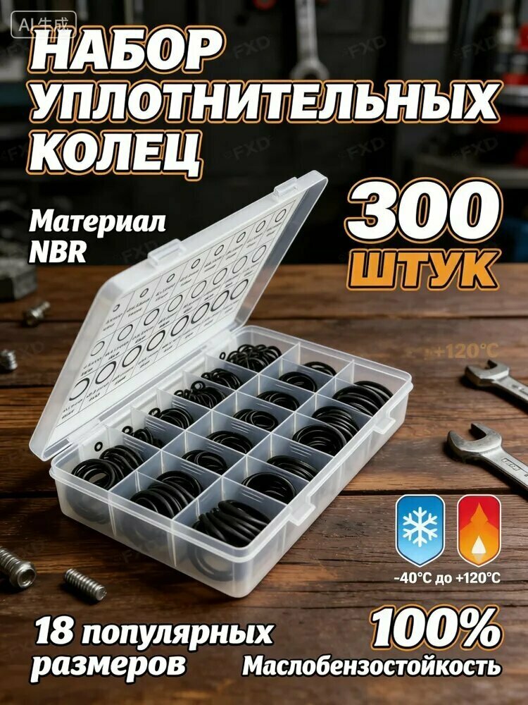 Кольца уплотнительные резиновые 300 шт в кейсе 6-30 мм. Маслобензостойкие прокладки NBR для топливной системы и кондиционера; набор для дома и гаража.