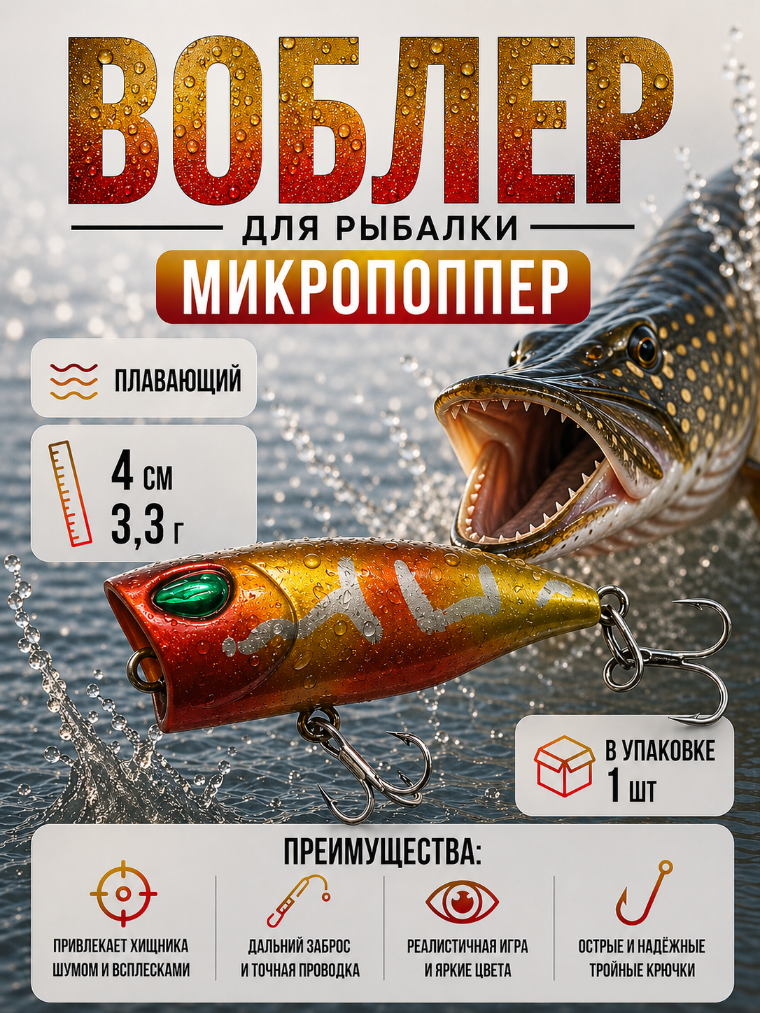Воблер микропоппер, плавающая поверхностная приманка, с тройными крючками, 4 см/3,3 г , красно-золотистая
